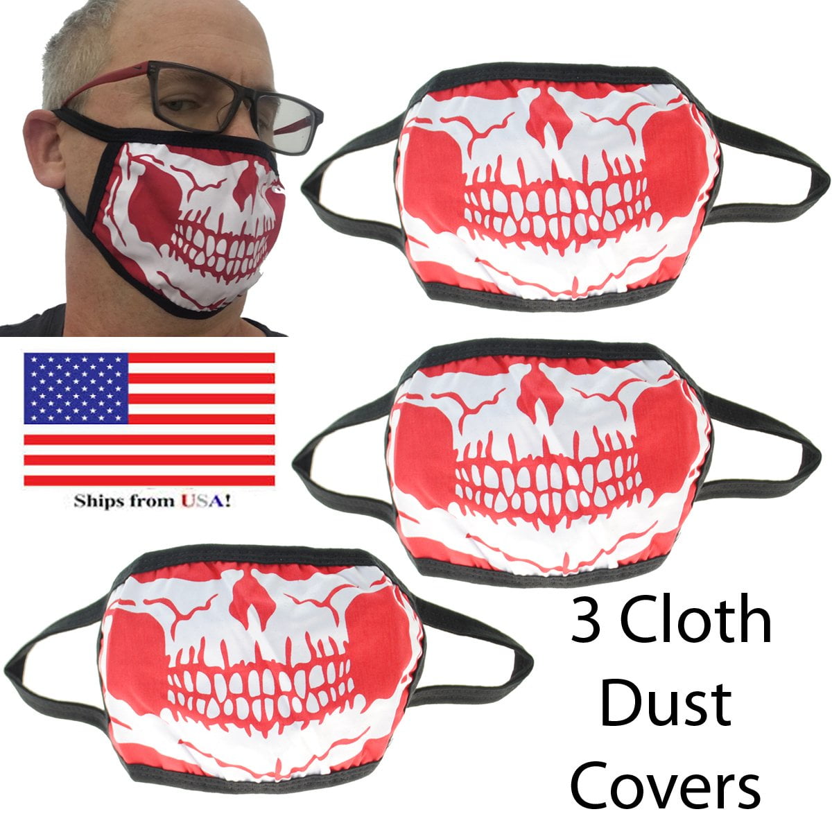 Lot of 3 Washable Cloth Face Dust Cover - Three Layer - Red White Skull ...