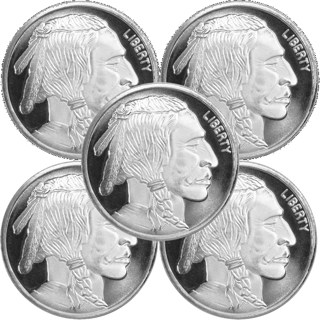 5-Piece Set - 1 Troy oz Buffalo Bullion .999 Fine Silver Round ...