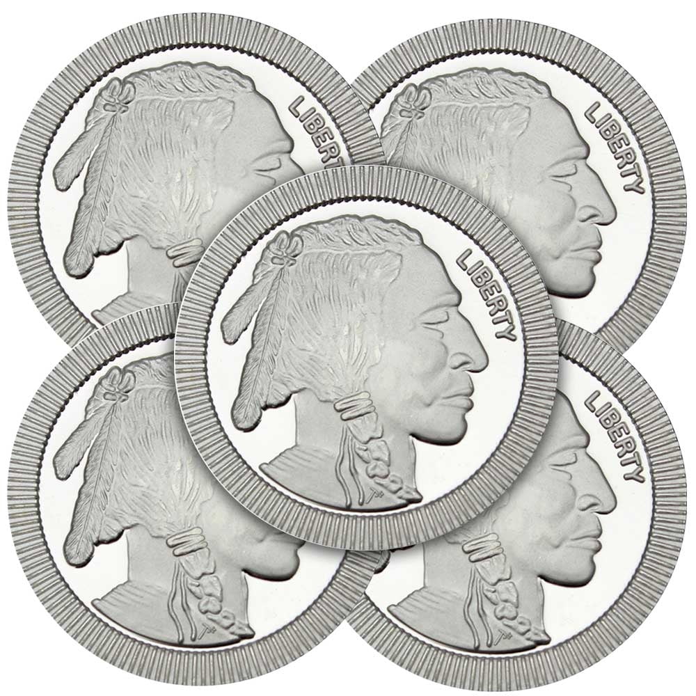 5 - 1 Troy oz Buffalo Stackable .999 Fine Silver Round, Uncertified ...