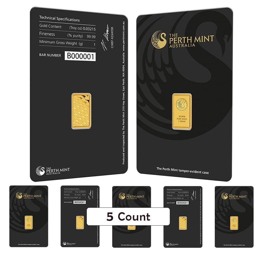 Perth Mint Lot of 5 - 1 gram Gold Bullion Bar .9999 Fine (In Assay ...