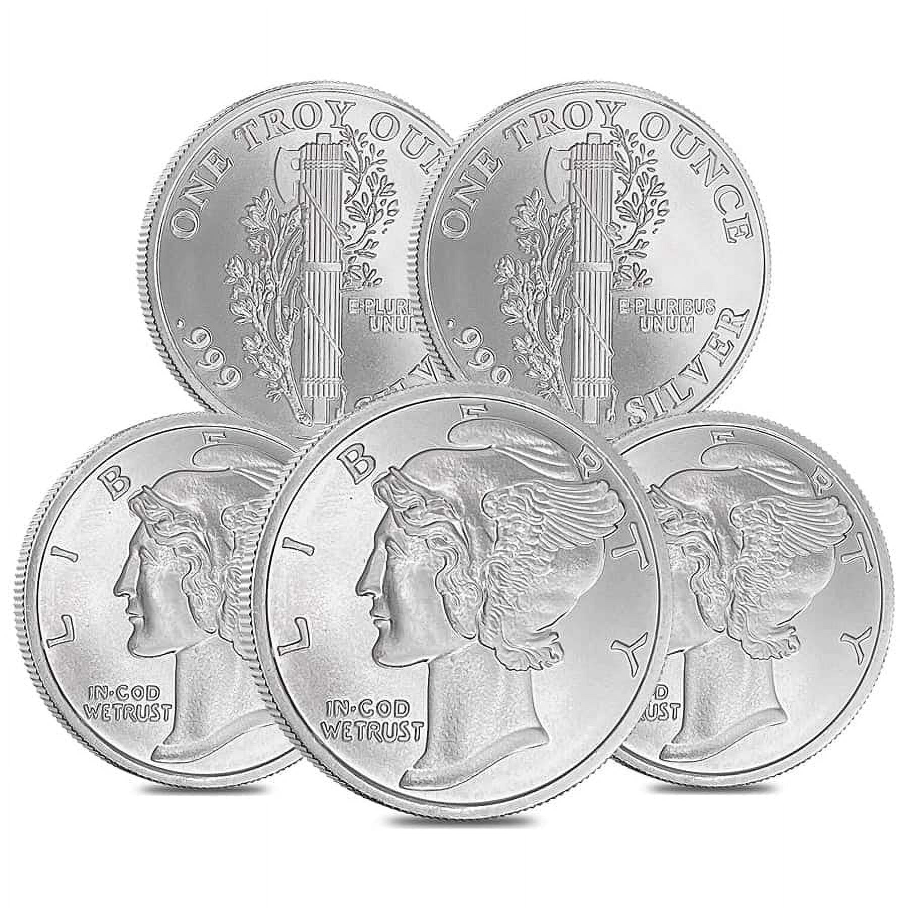 Lot of 5 - 1 oz Mercury Dime Design Silver Round .999 Fine - Walmart.com