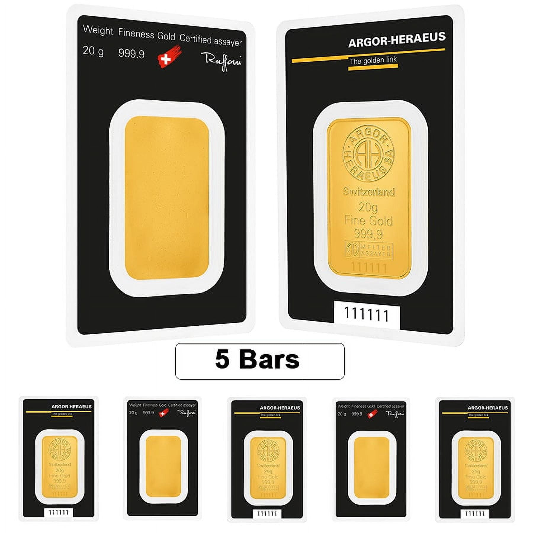 Argor-Heraeus Set of 5 Gold Bars, 20g Each, .9999 Fine Gold ...