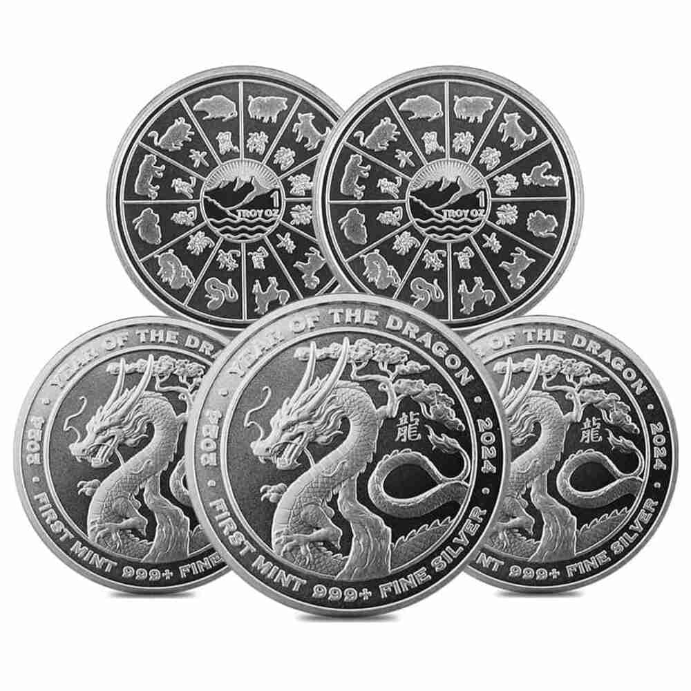 Lot of 5 - 2024 1 oz First Mint Lunar Dragon Silver Round .999 Fine ...