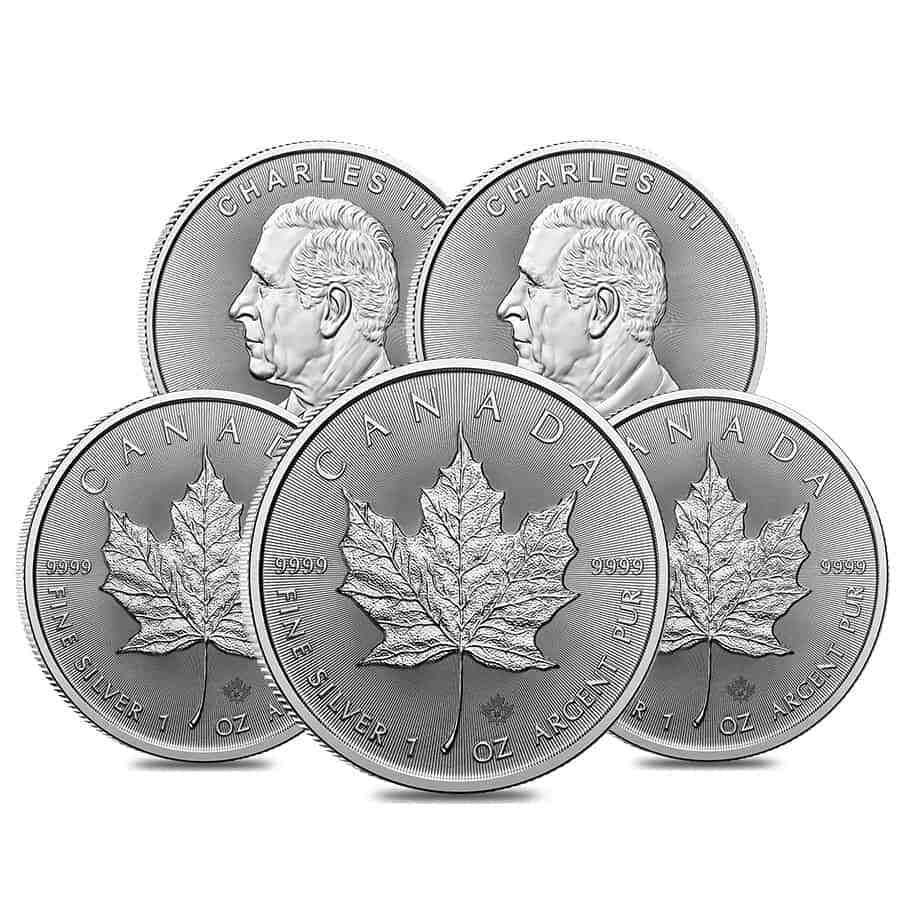 Royal Canadian Mint, 2025, Lot of 5, 1 oz Silver Maple Leaf Coins, BU ...