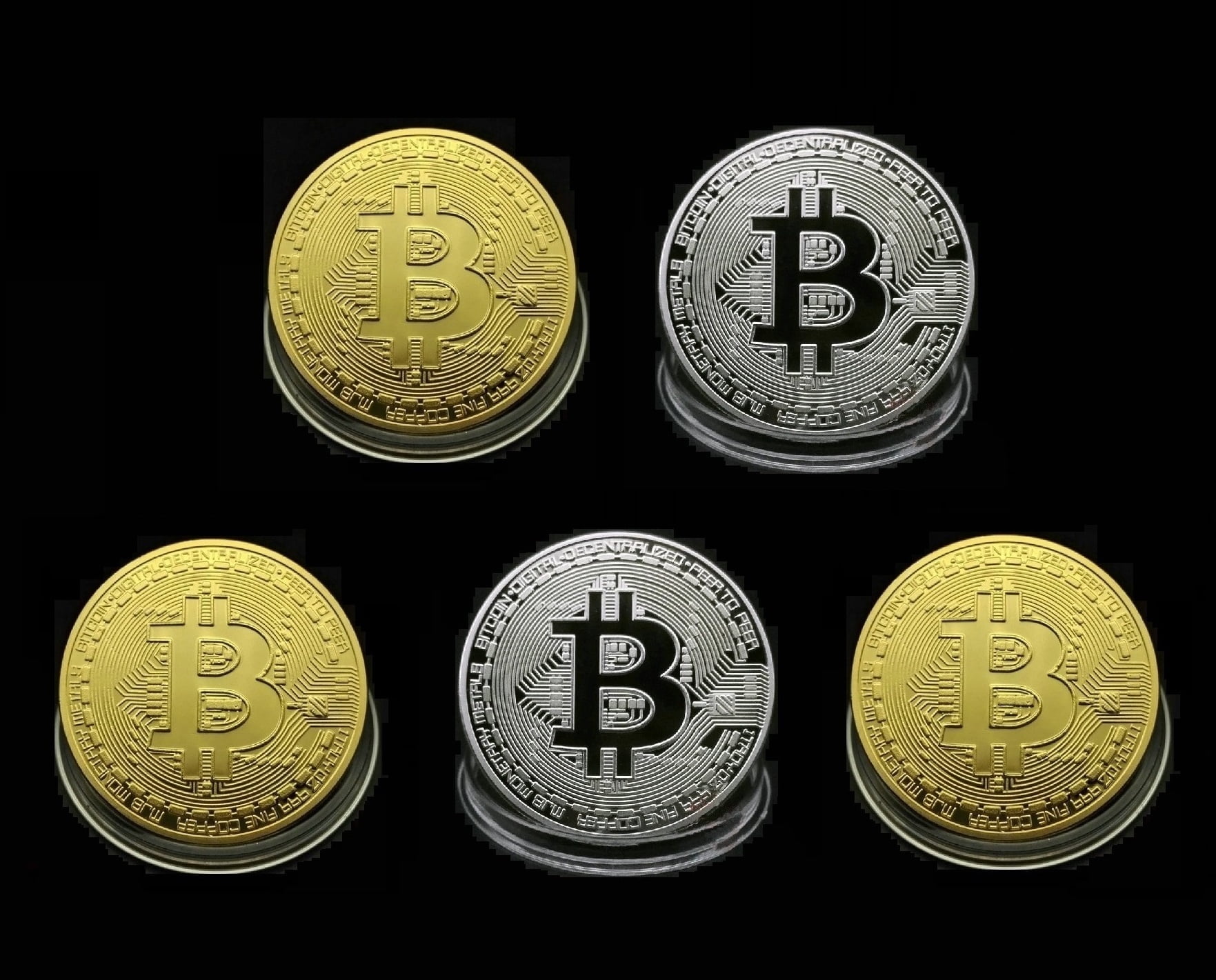 Lot of 5 - 24K Gold & Silver Plated Bitcoin Assorted Tokens Set Gift w ...