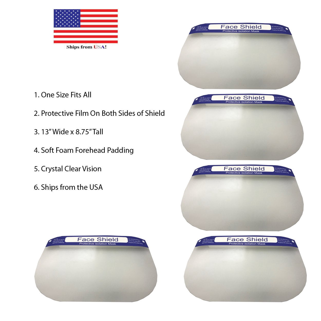 Lot of 5 - Full Face Shield Protection Reusable & Washable - One Size ...