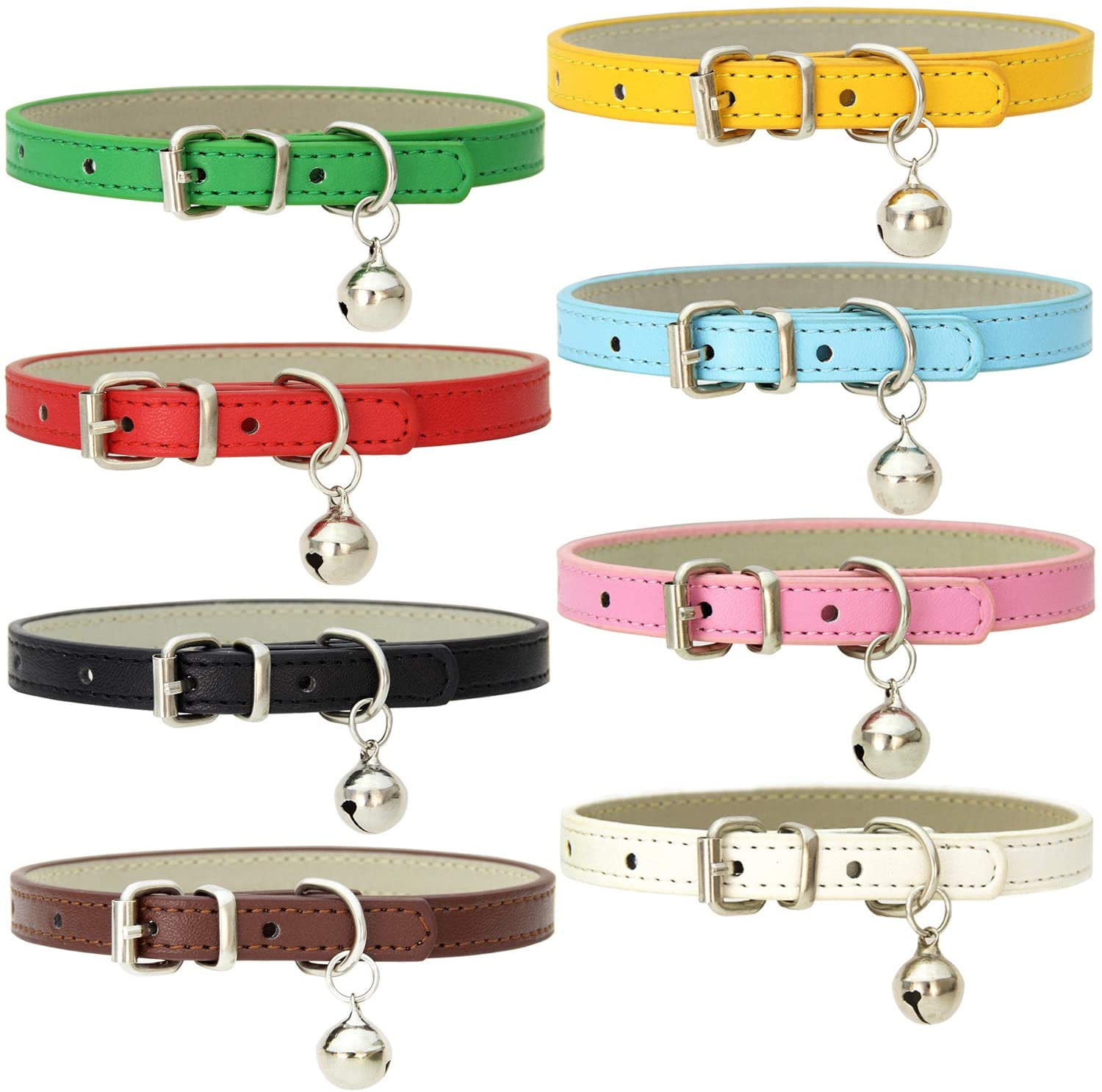 Lot of 8 cat collars in leather with bells and metal buckles, durable ...