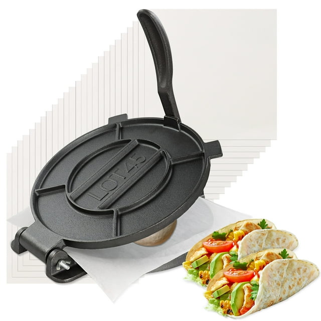 Lot45 Cast Iron Tortilla Press -12in Corn Tortillas Maker with 50 Paper ...