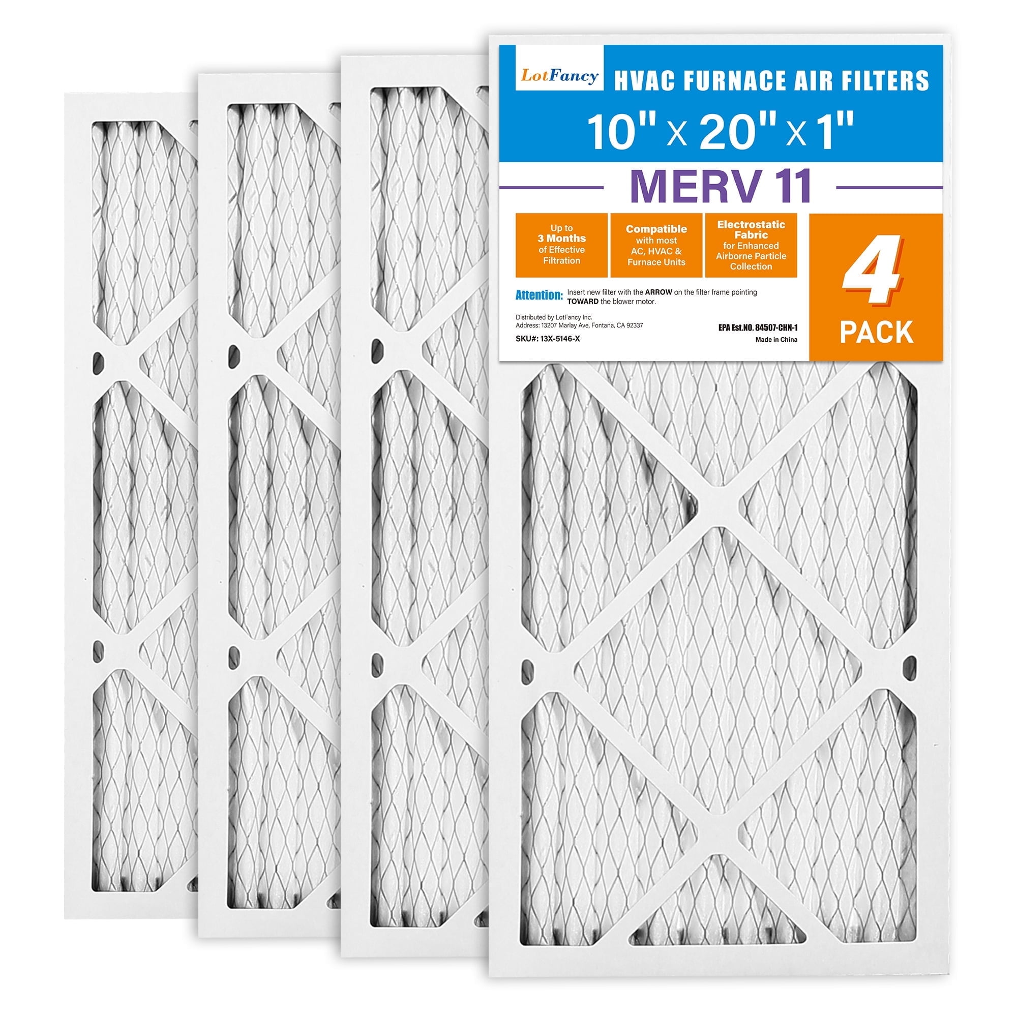 LotFancy 10x20x1 MERV 11 HVAC AC Furnace Filters, 4 Pack, Pleated ...