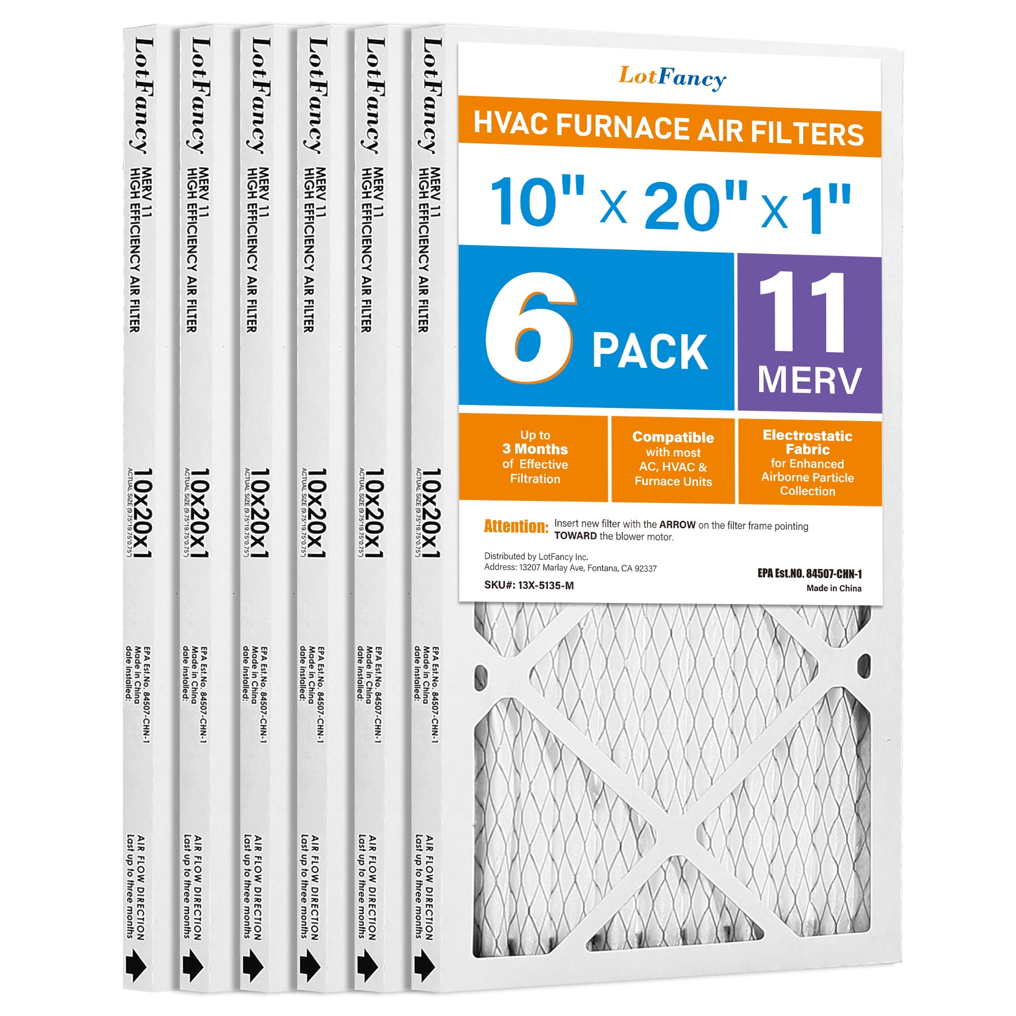 LotFancy 10x20x1 MERV 11 Pleated HVAC AC Furnace Filters, 6 Pack ...