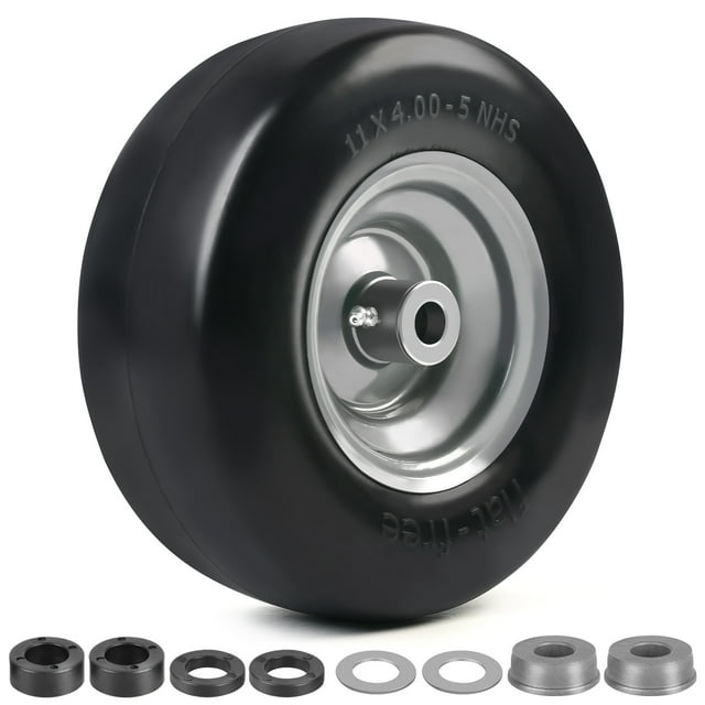 LotFancy 11x4.00-5” Flat Free Lawn Mower Tire and Wheel, Smooth Tread ...