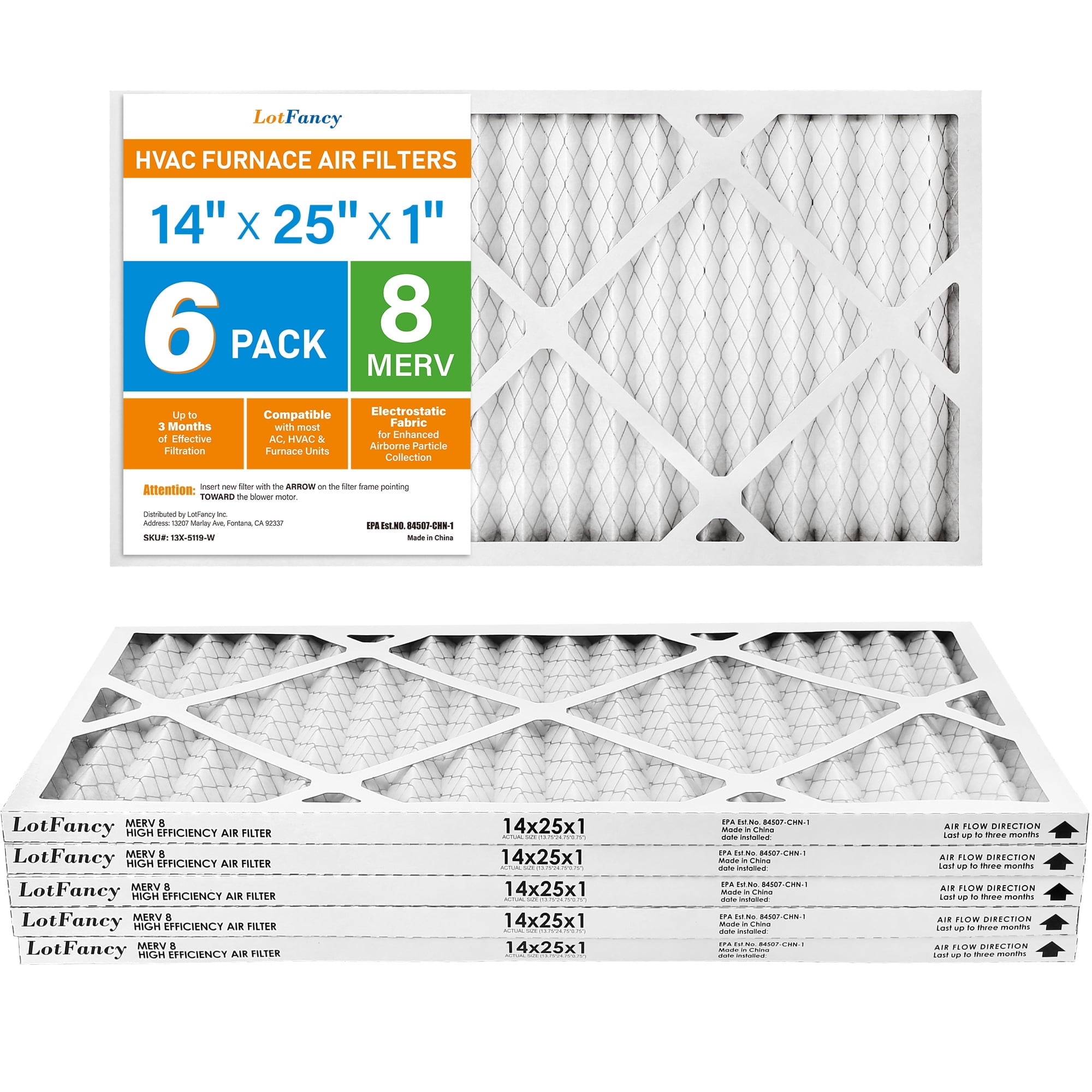 LotFancy 14x25x1 Air Filters, 6 Pack, MERV 8 Pleated HVAC AC Furnace ...