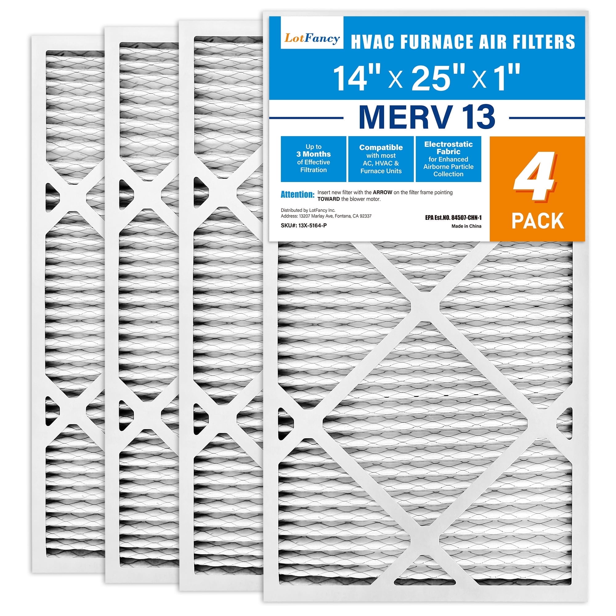 LotFancy Pleated HVAC AC Furnace Air Filters, MERV 13, 14x25x1, 4 Pack ...