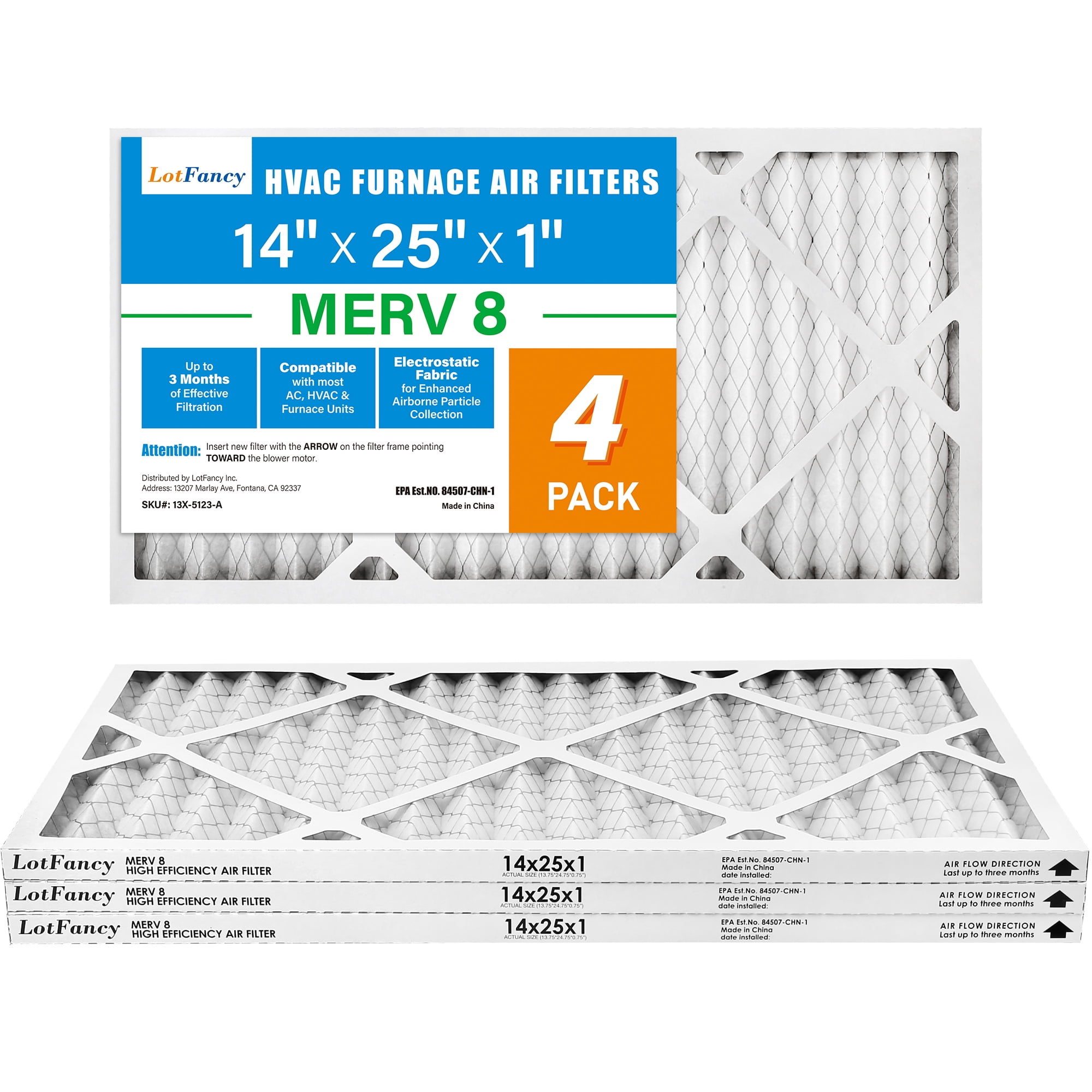 LotFancy MERV 8 Pleated HVAC AC Furnace Air Filters, 14x25x1, 4 Pack ...