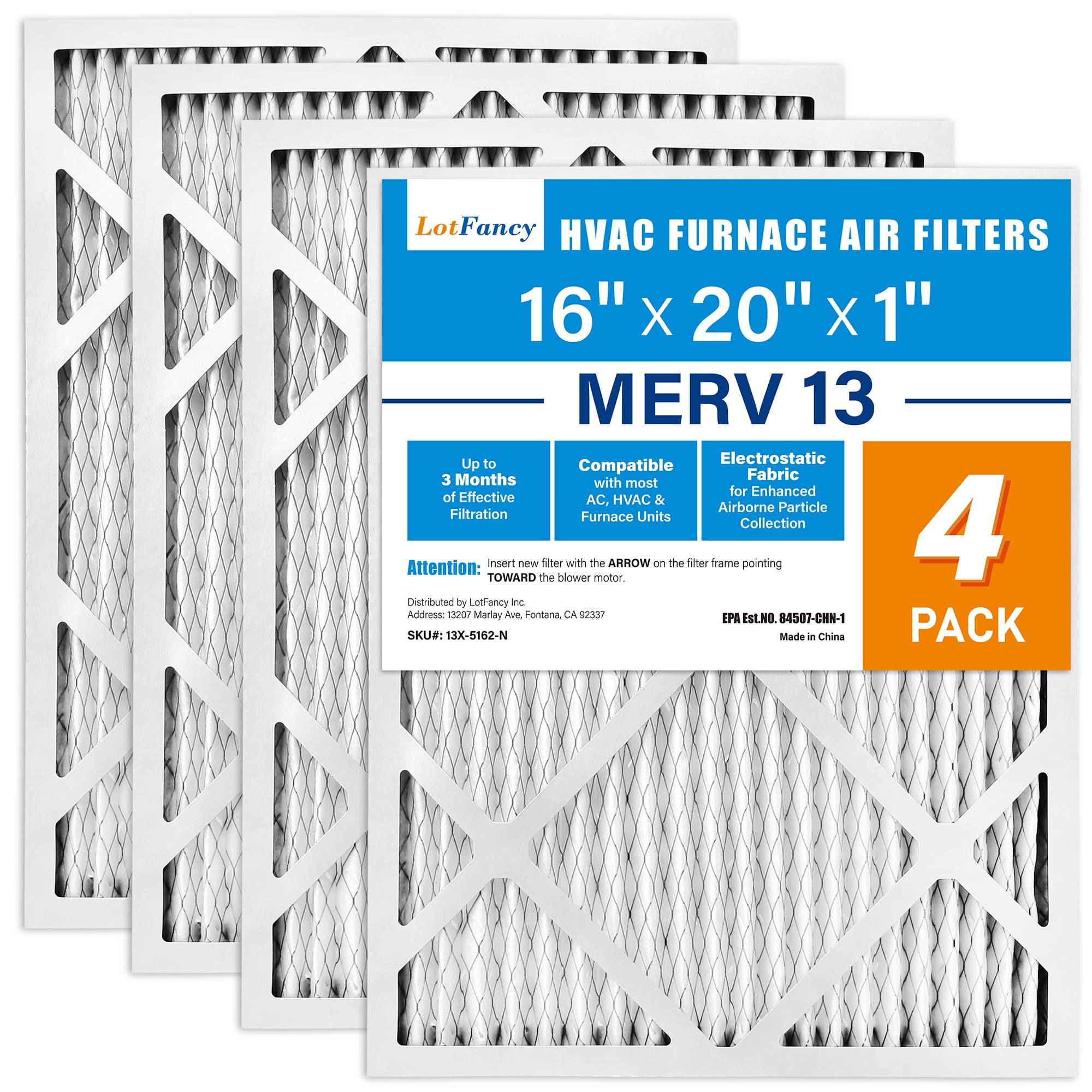 LotFancy MERV 13 Pleated HVAC AC Furnace Air Filters, 16x20x1, 4 Pack ...