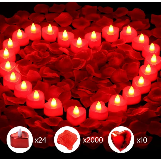 LotFancy 2000 Rose Petals with 24 Red Flameless Tea Lights LED Candles ...