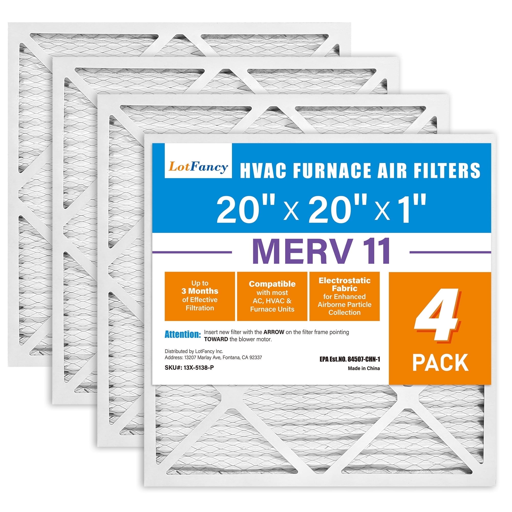 LotFancy 20x20x1 Air Filters, 4 Pack, MERV 11 Pleated HVAC AC Furnace ...