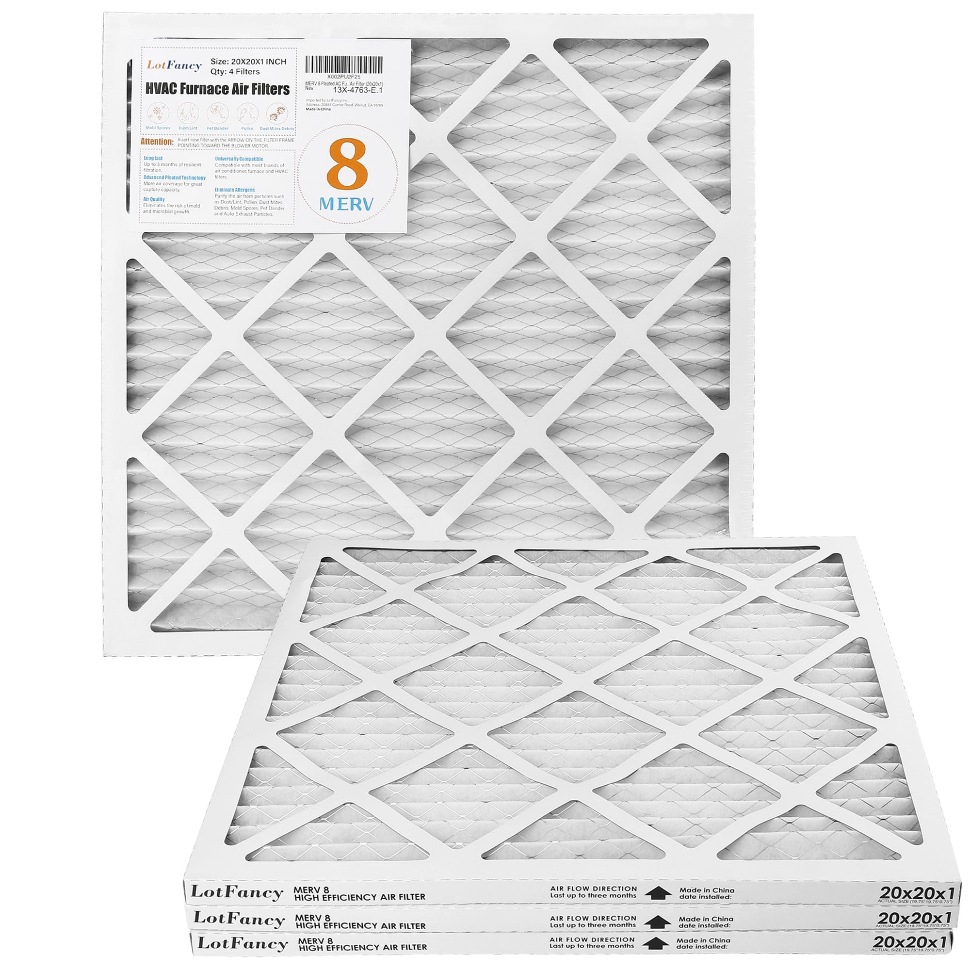 LotFancy 20x20x1 Air Filters, MERV 8 Pleated AC Furnace Filters, 4 ...