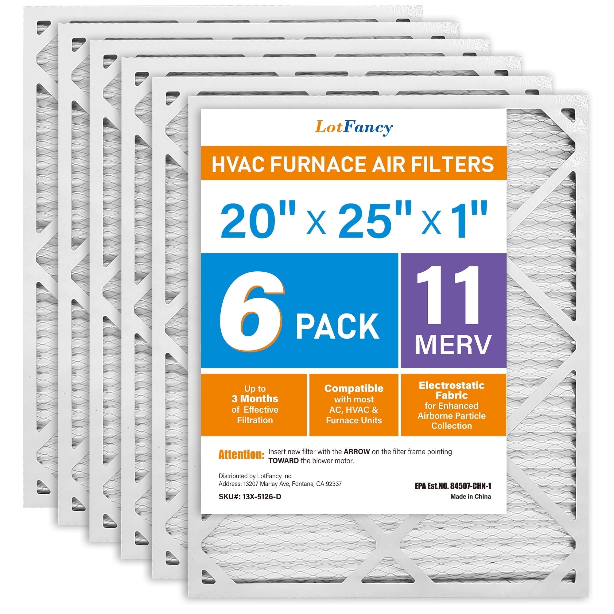 LotFancy 20x25x1 MERV 11 Pleated AC Furnace Filters, 6 Pack, Effective ...