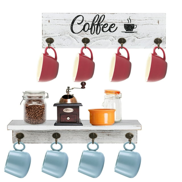 LotFancy 2Pcs Wall Mounted Coffee Cup Holder with 8 Hooks, White Coffee ...