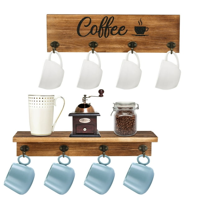 LotFancy 2Pcs Wall Mounted Coffee Mug Holder, Kitchen Wood Storage ...