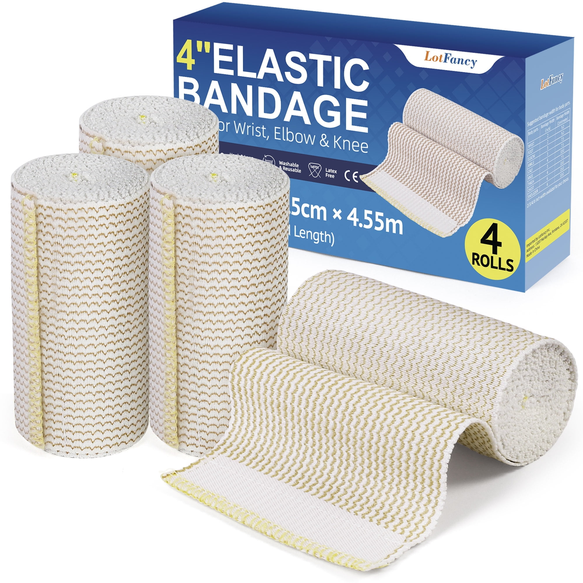 LotFancy 4 Pack Cotton Elastic Bandage Wrap 4 inches x 15 feet , Cotton ...