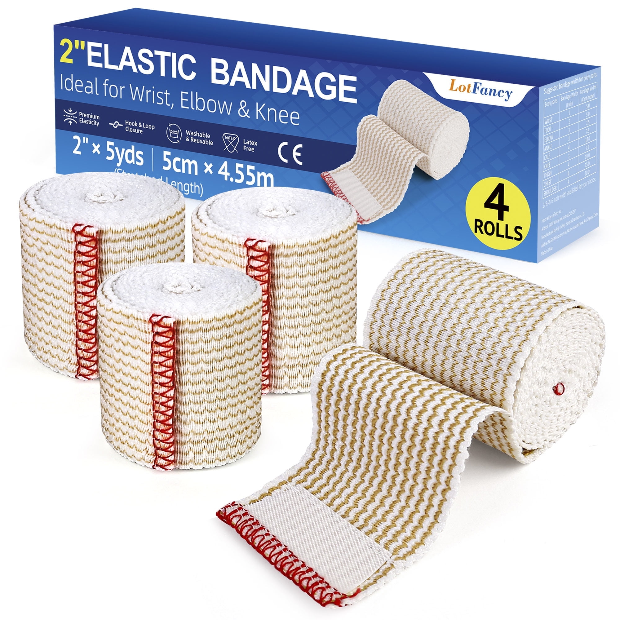 LotFancy 4 Pcs Cotton Elastic Bandage Wrap, 2 inches x 15 feet , Cotton ...