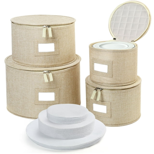 LotFancy 4pcs Beige Quilted Linen China Storage Containers for Dinner ...