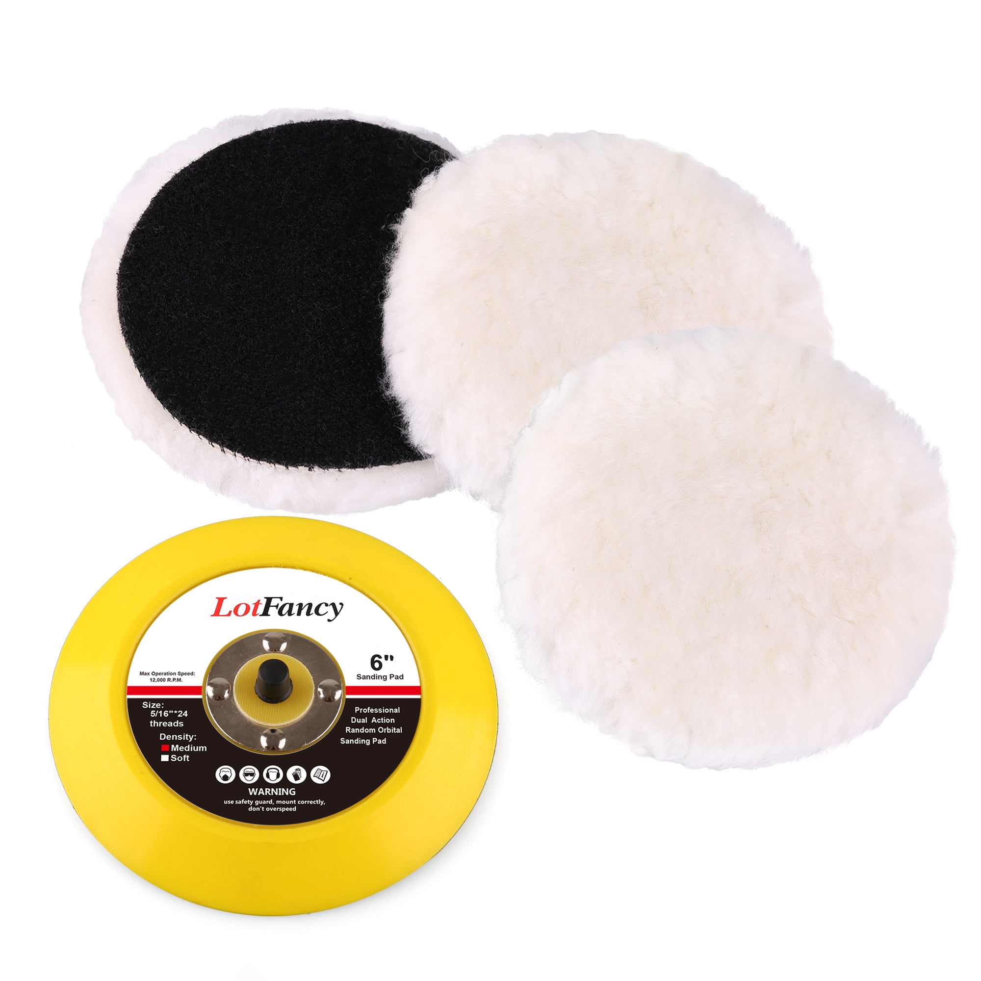LotFancy 6 in 3 Wool Polishing Pads and 1 Hook and Loop Backing Pad Kit ...
