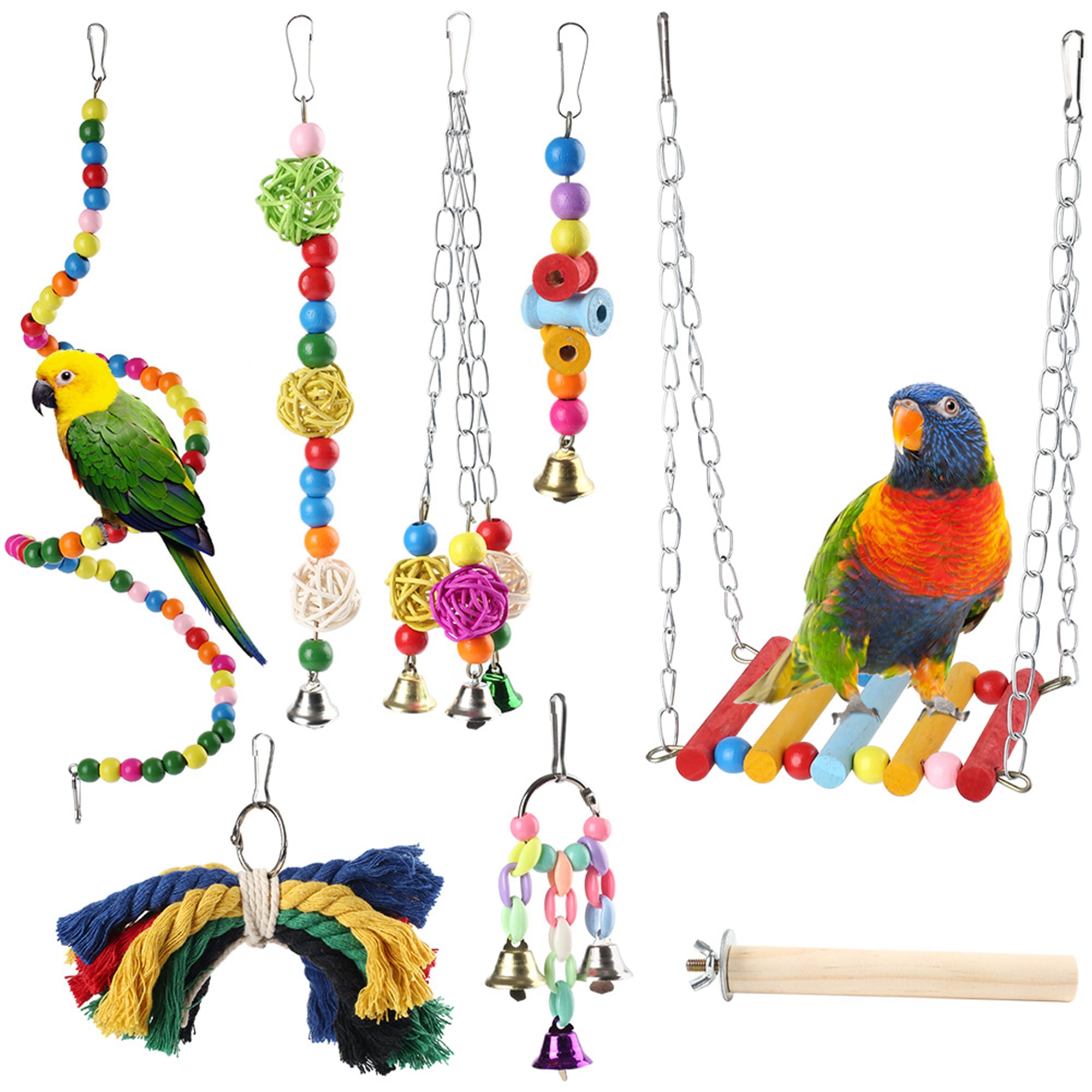 LotFancy 8 Pcs Bird Parrot Swing Toys Set, Natural Wood, Ladder, Bells ...