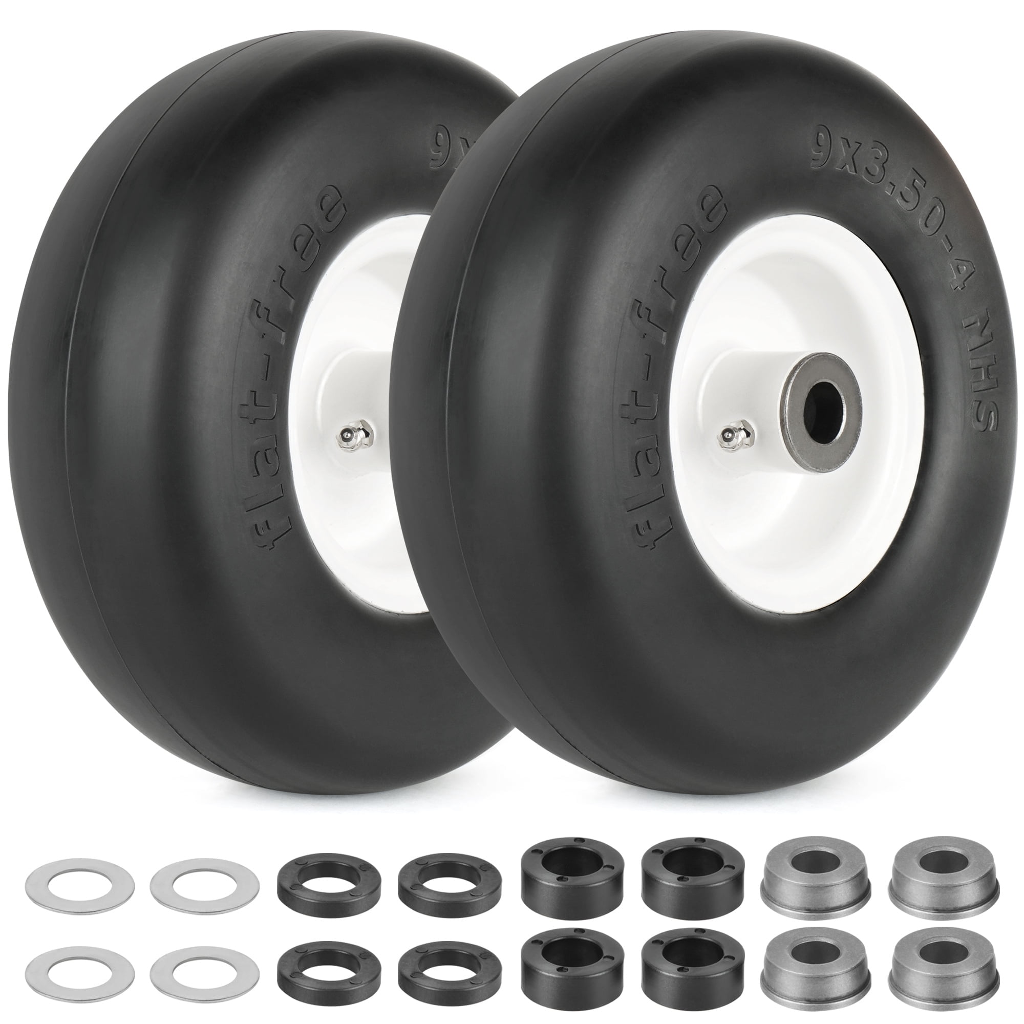 LotFancy 9x3.50-4" Flat Free Tire and Wheel, 2 Pcs Lawn Mower Smooth ...