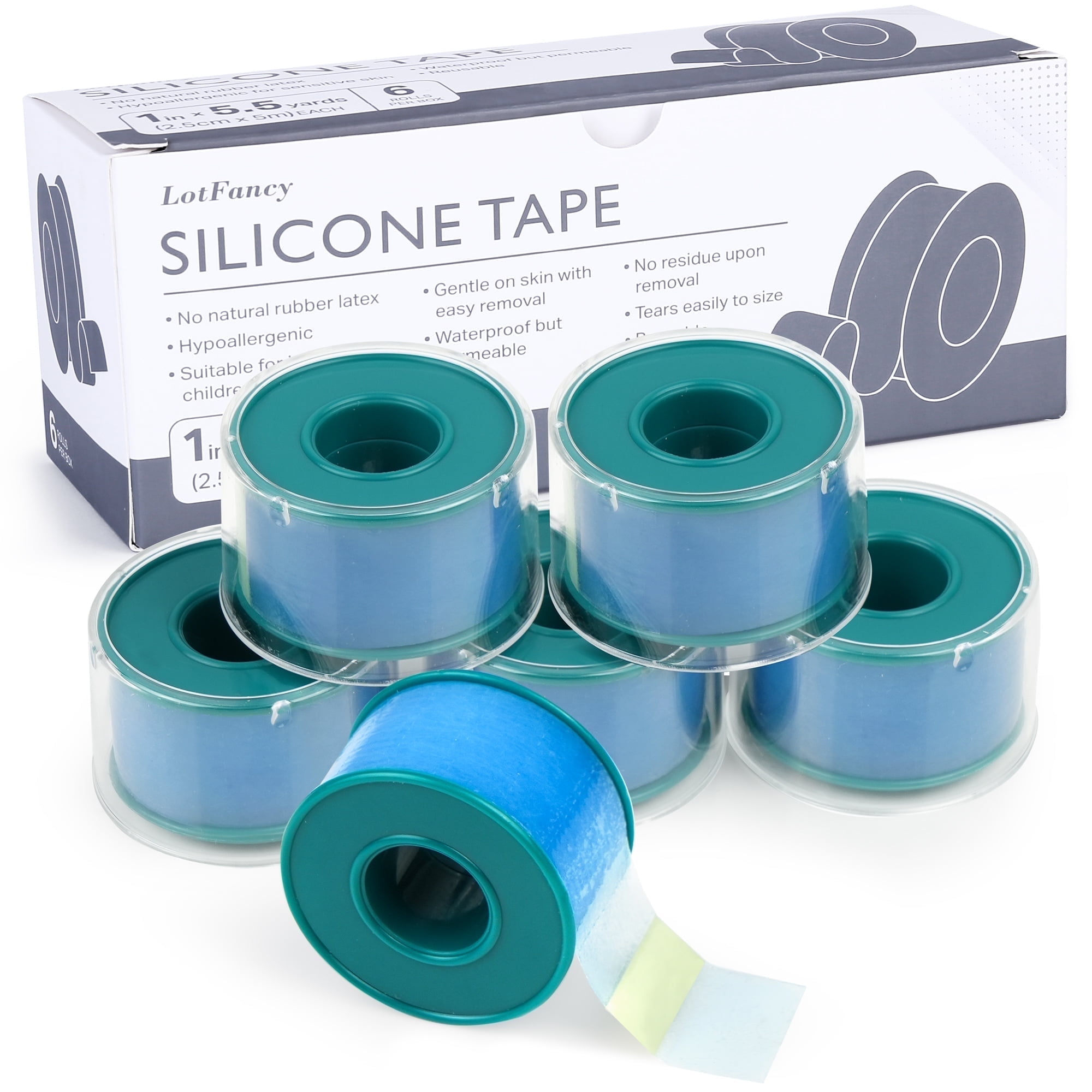 LotFancy Medical Silicone Tape, 6 Rolls 1”×5.5 Yds, Waterproof Adhesive ...