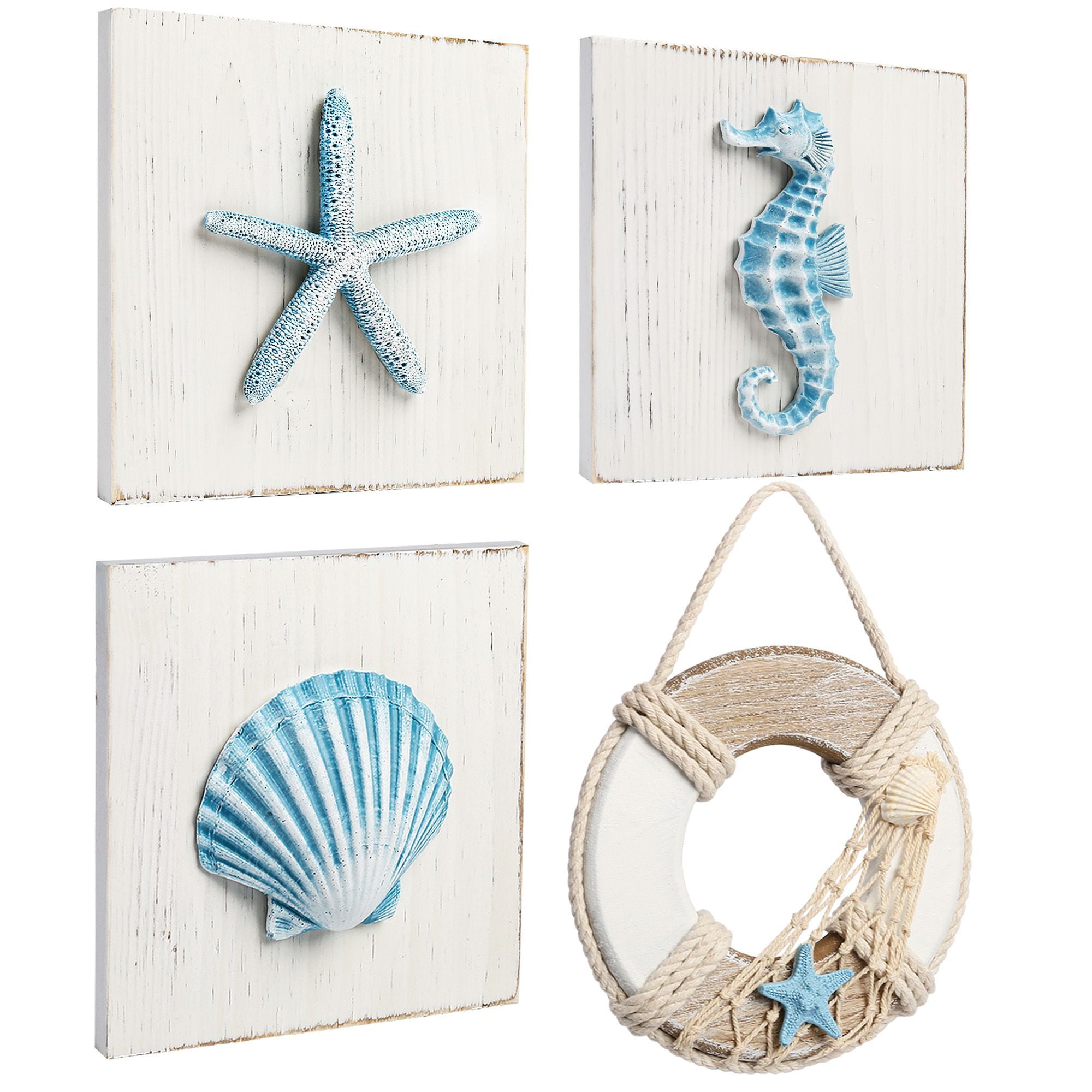LotFancy 4Pack Nautical Decor, Ocean-Themed Wooden Wall Art, 6x6 in for ...