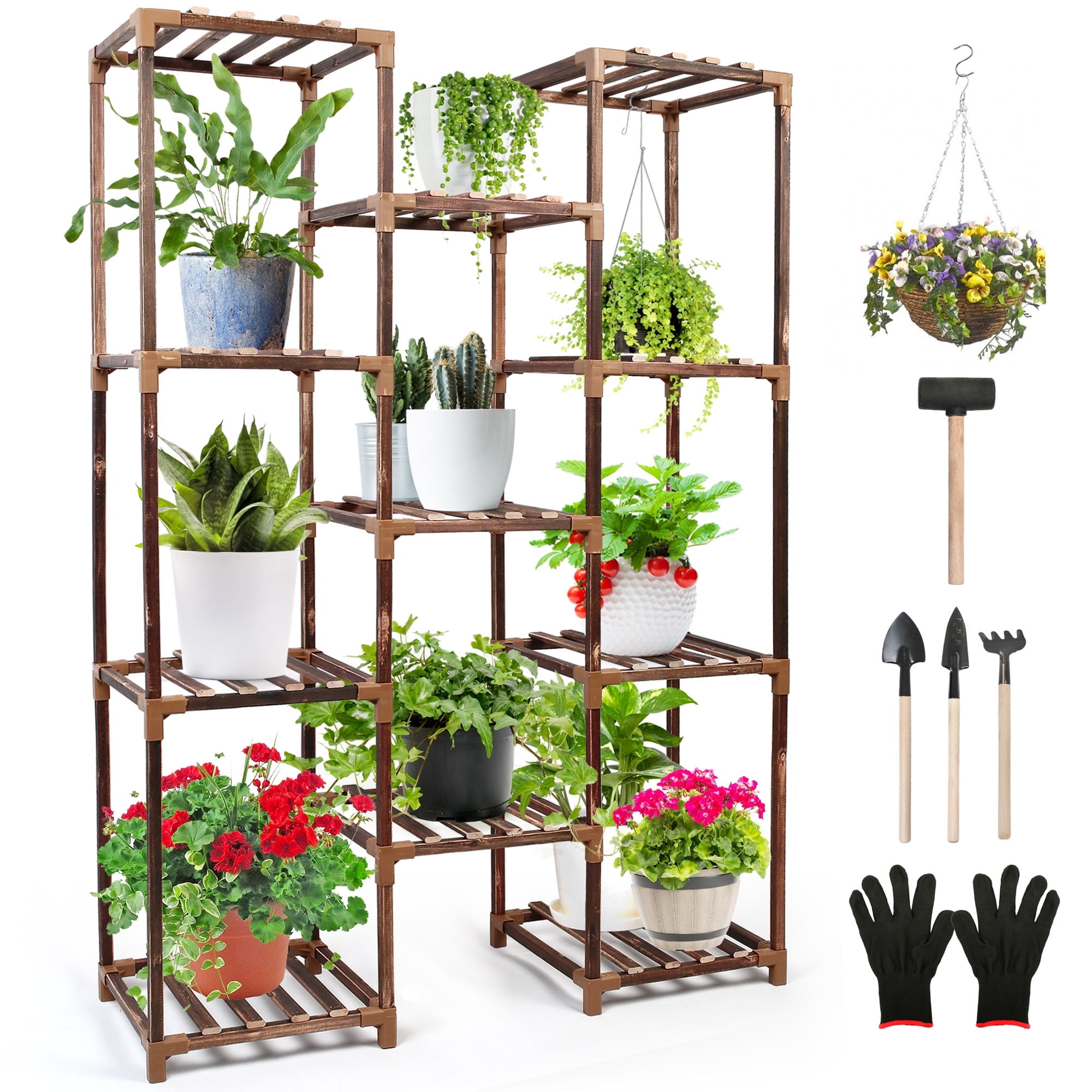 LotFancy Sturdy Wooden 3 Tiers Large Plant Stand for Home & Garden ...