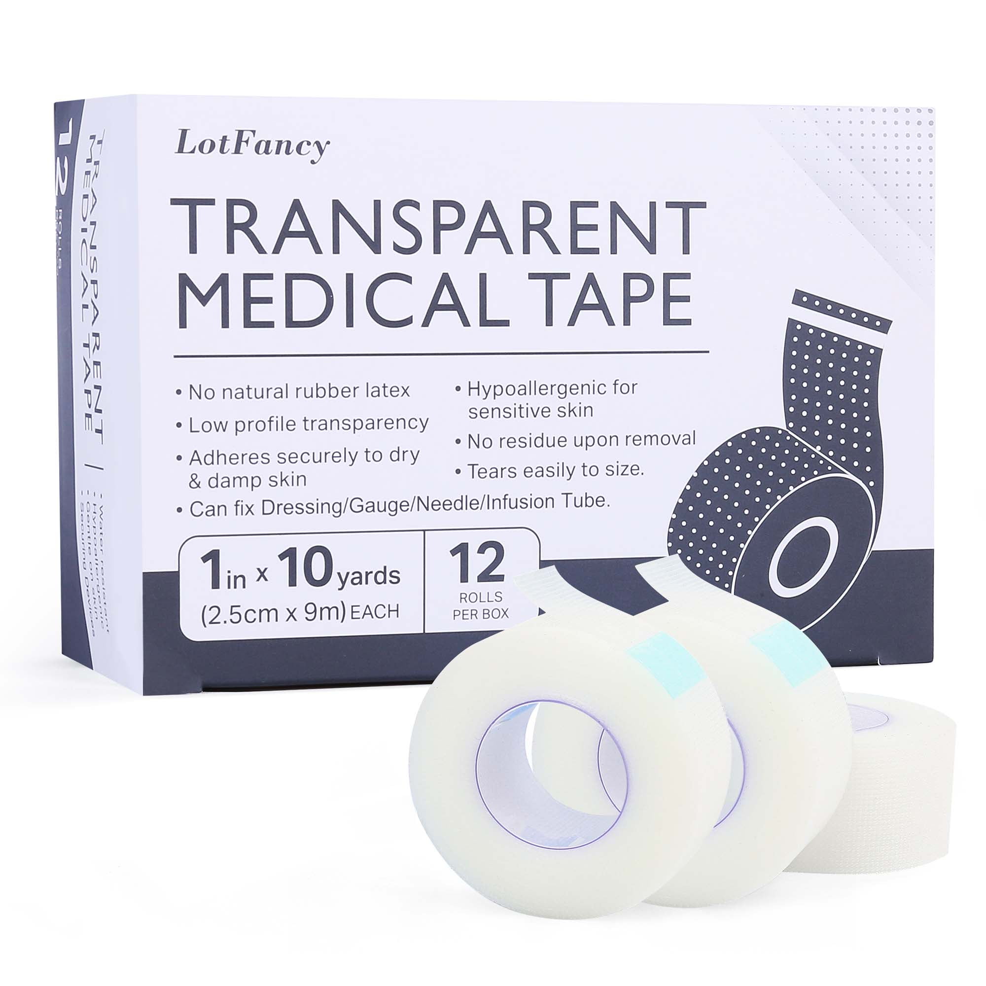 LotFancy Transparent Medical Tape, 12 Rolls 1 in x 10 Yards PE First ...