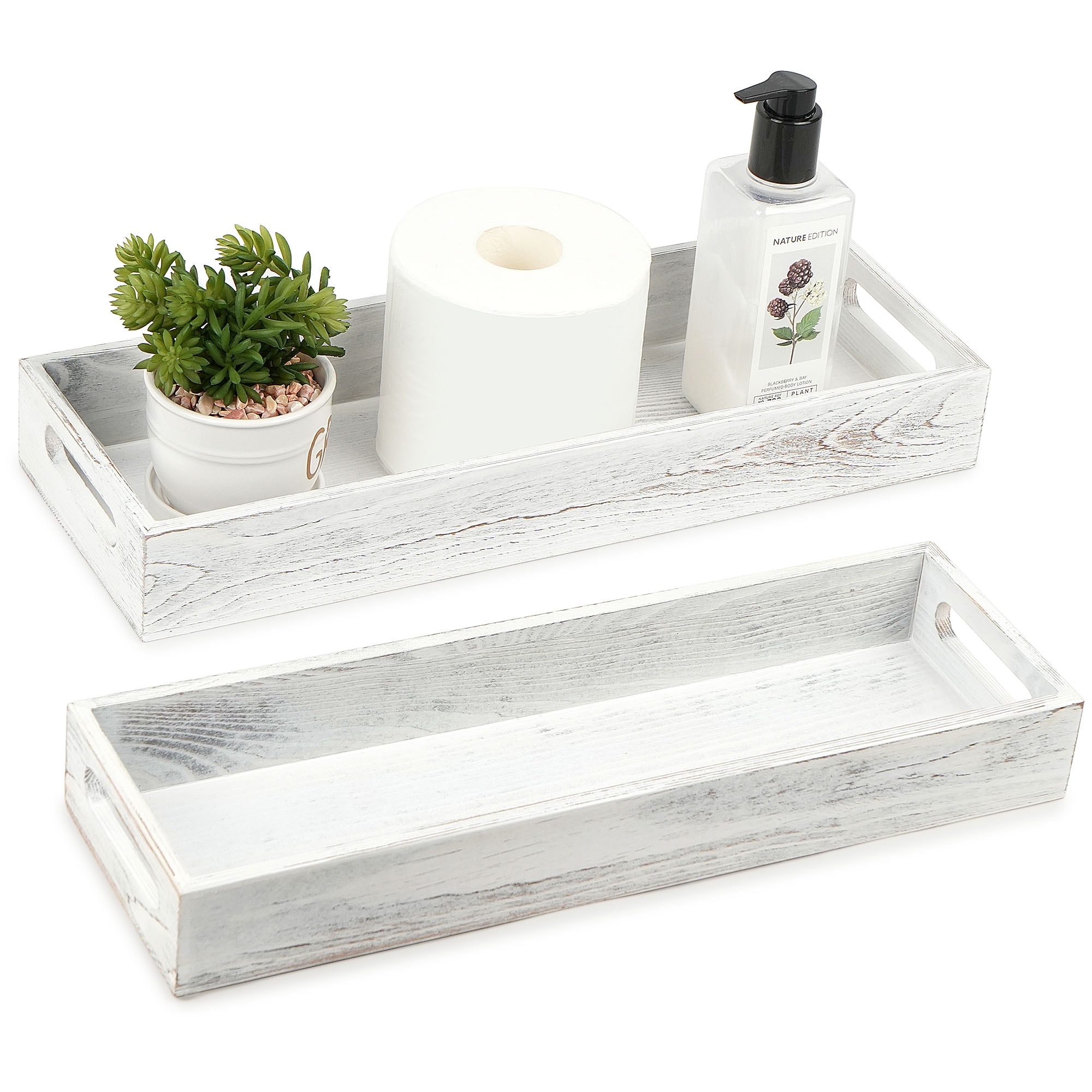 LotFancy Wooden Decorative Tray with Handles, 2 Rustic Centerpiece ...