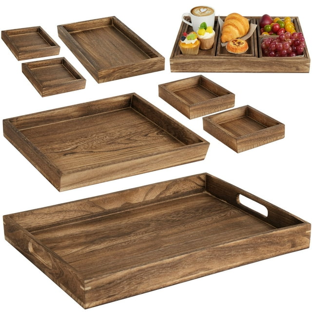 LotFancy 7-Piece Farmhouse Wooden Serving Tray Set, Large Natural ...
