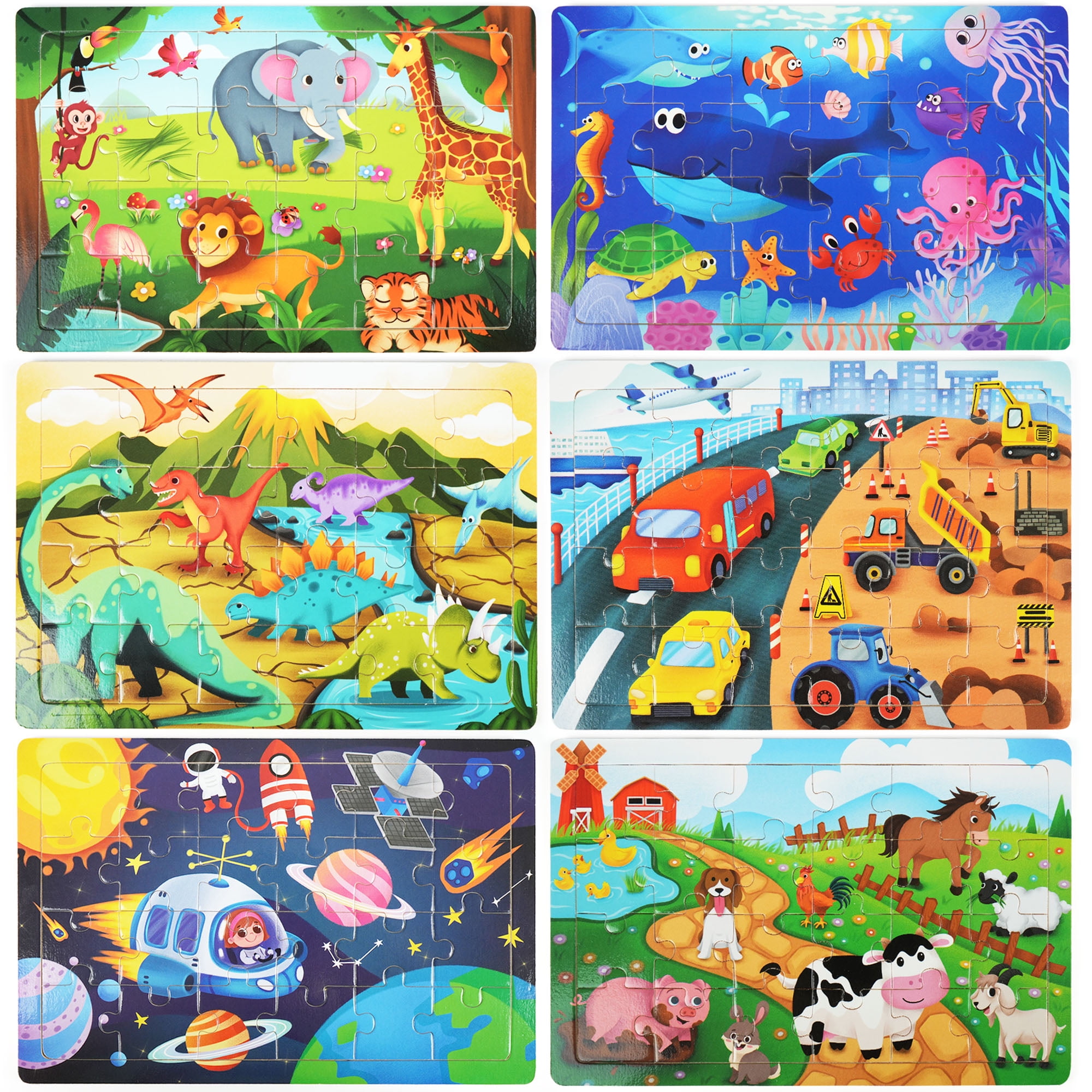LotFancy Wooden Jigsaw Puzzles for Kids Ages 3-5, 6 Pack, 24 Pieces, 6 ...