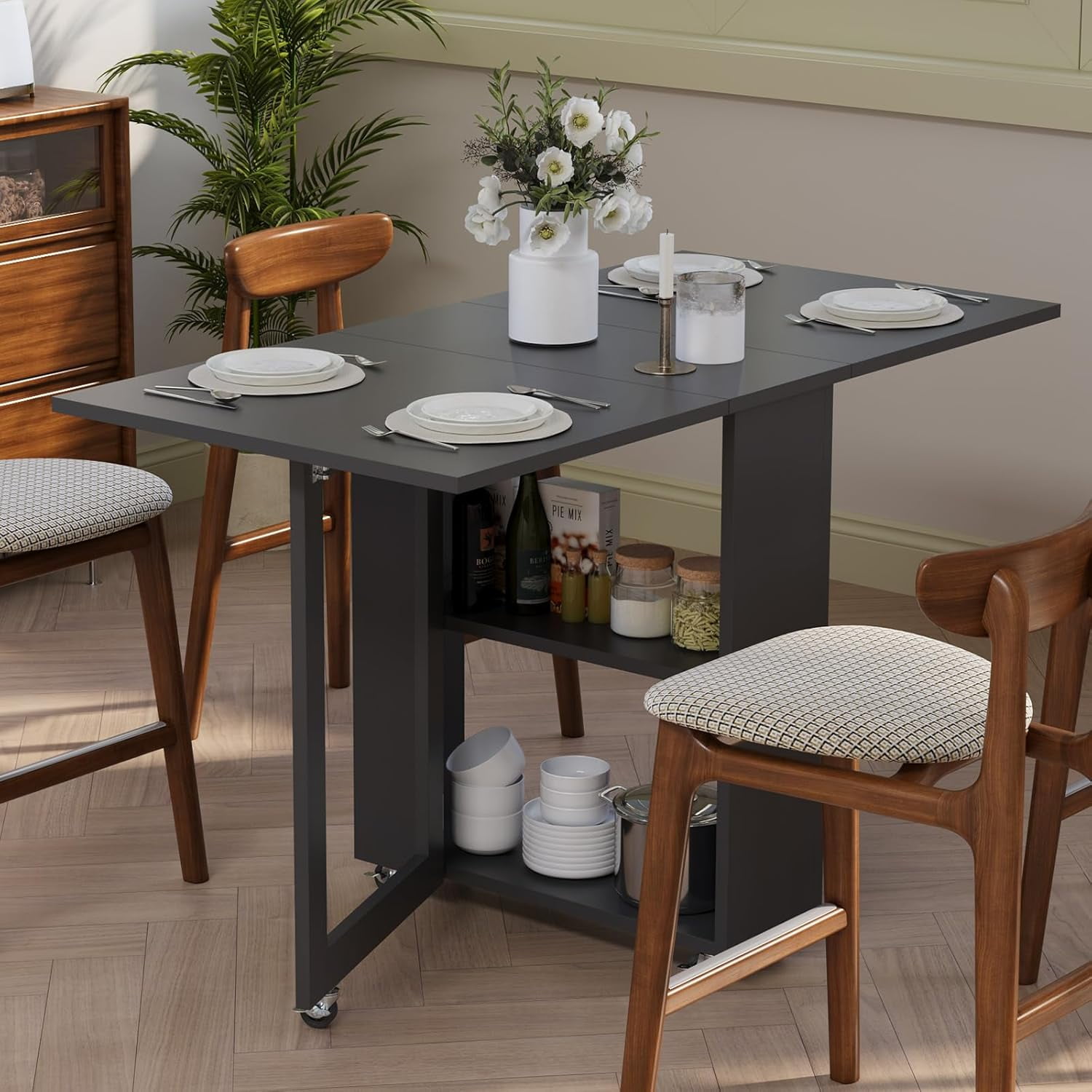 LotFun Folding Dining Table with 2 Storage Racks, Space Saving Dining ...