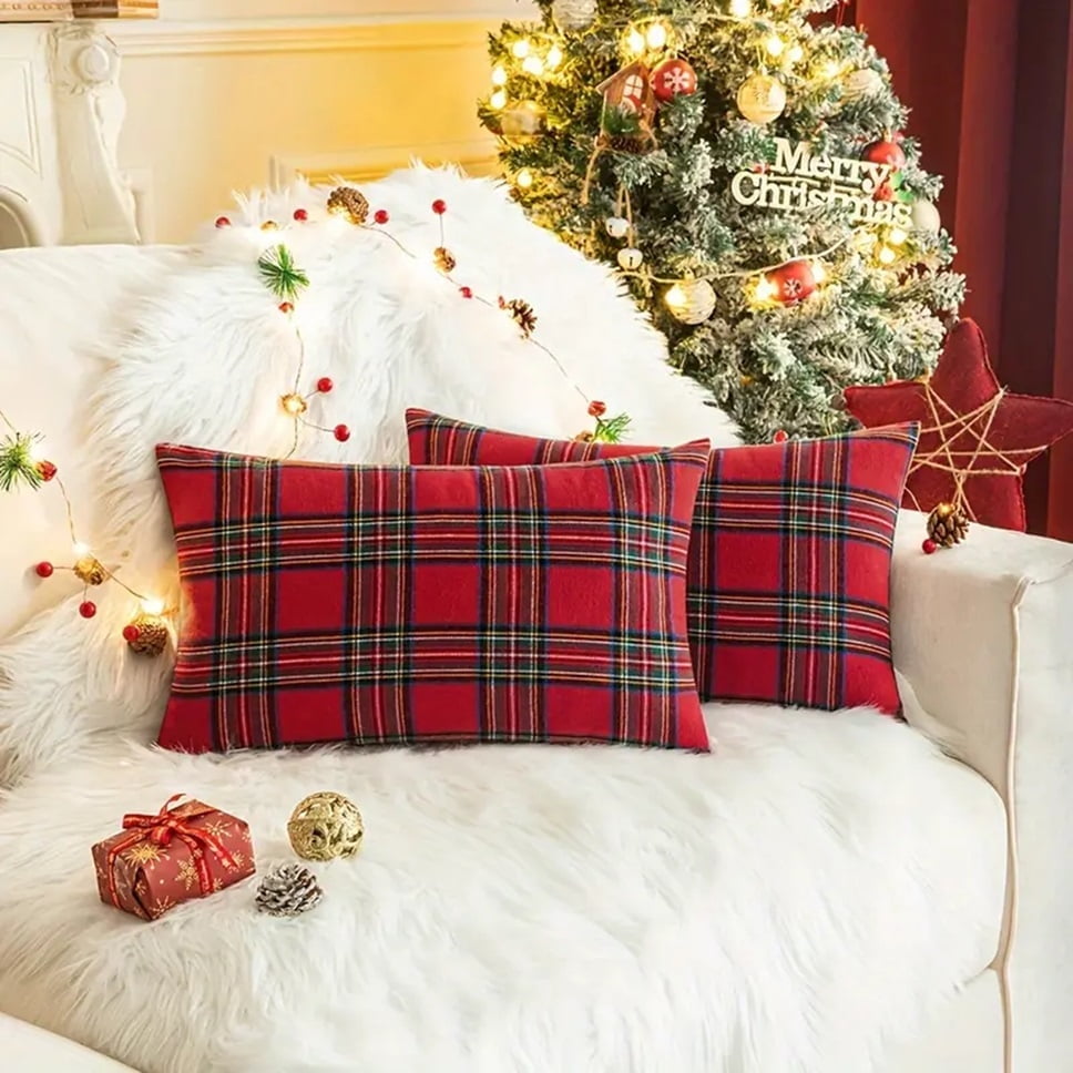 Lotechicw 2pcs Christmas Pillowcases Red&green Striped Plaid Design, 14 ...