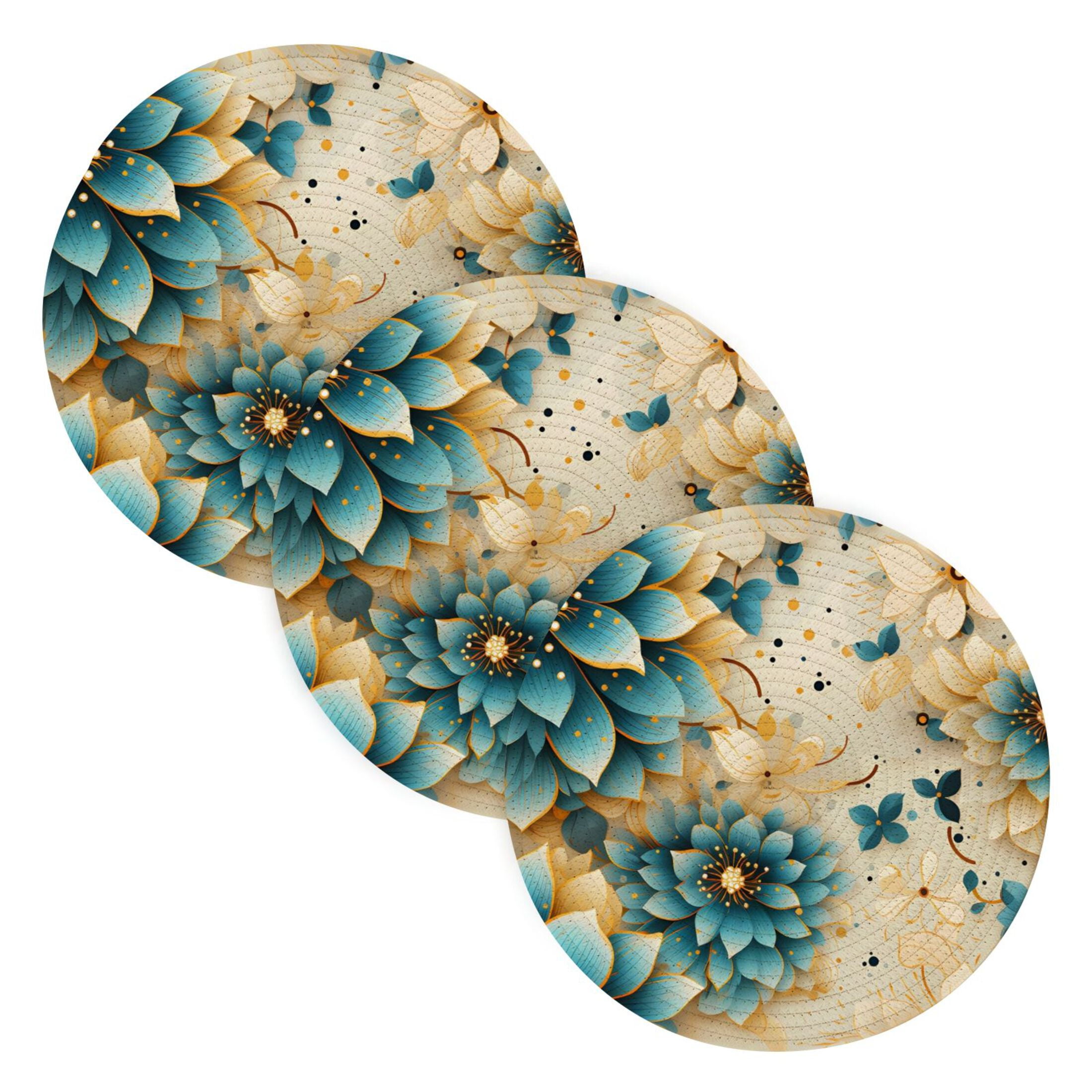 Lotus Blue Flowers 3 PCs Pot Holders Trivets Kitchen 15" Cotton Pans ...