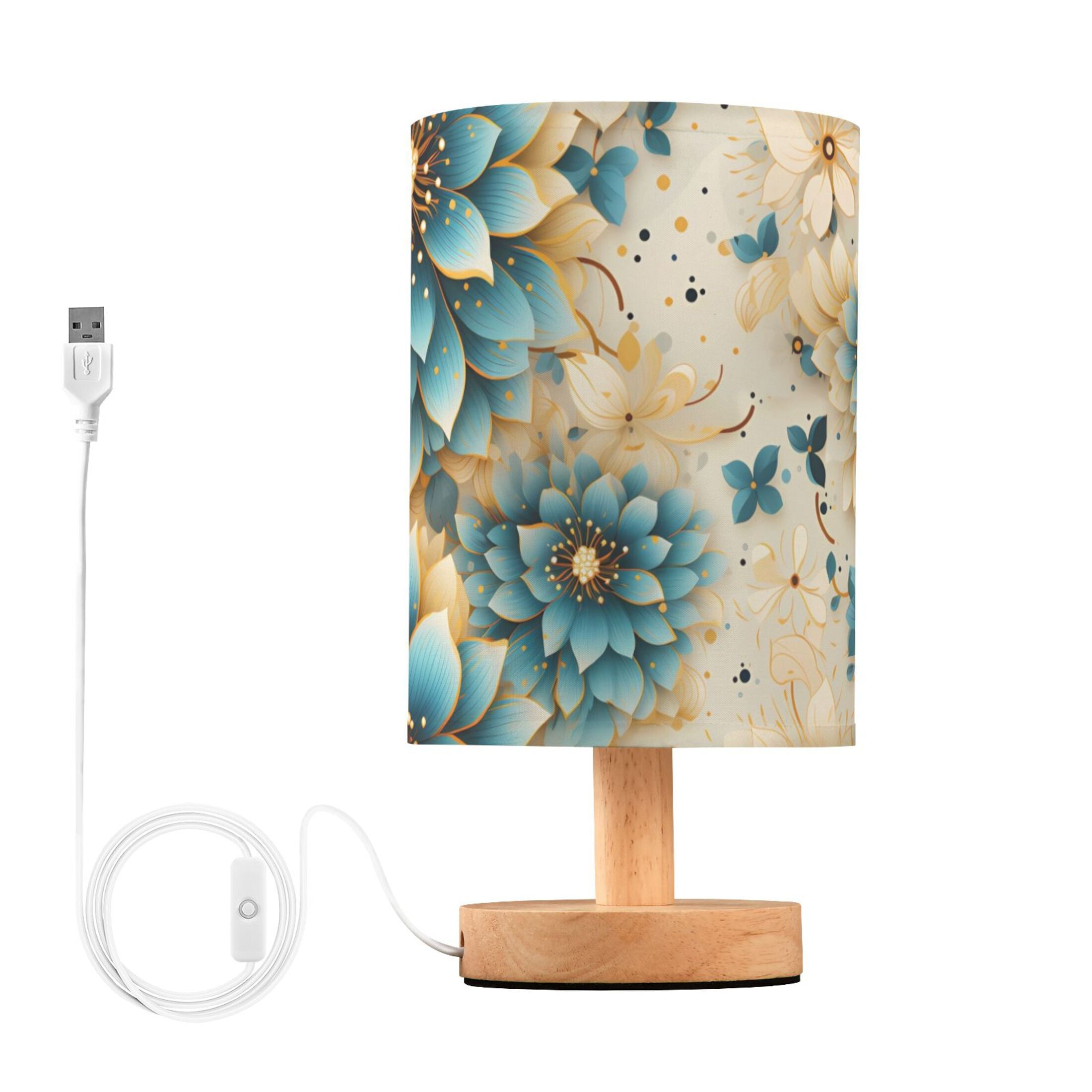 Lotus Blue Flowers Bedside Table Lamp LED Warm Lights with USB Charging ...