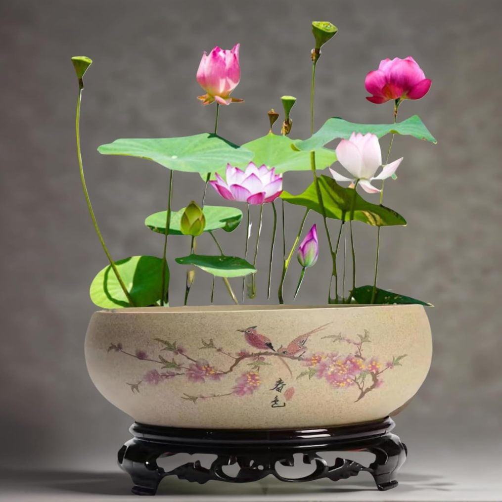 Lotus Bowl Planter with Stand, Ceramic Lotus Bowl, Round Lotus Flower ...