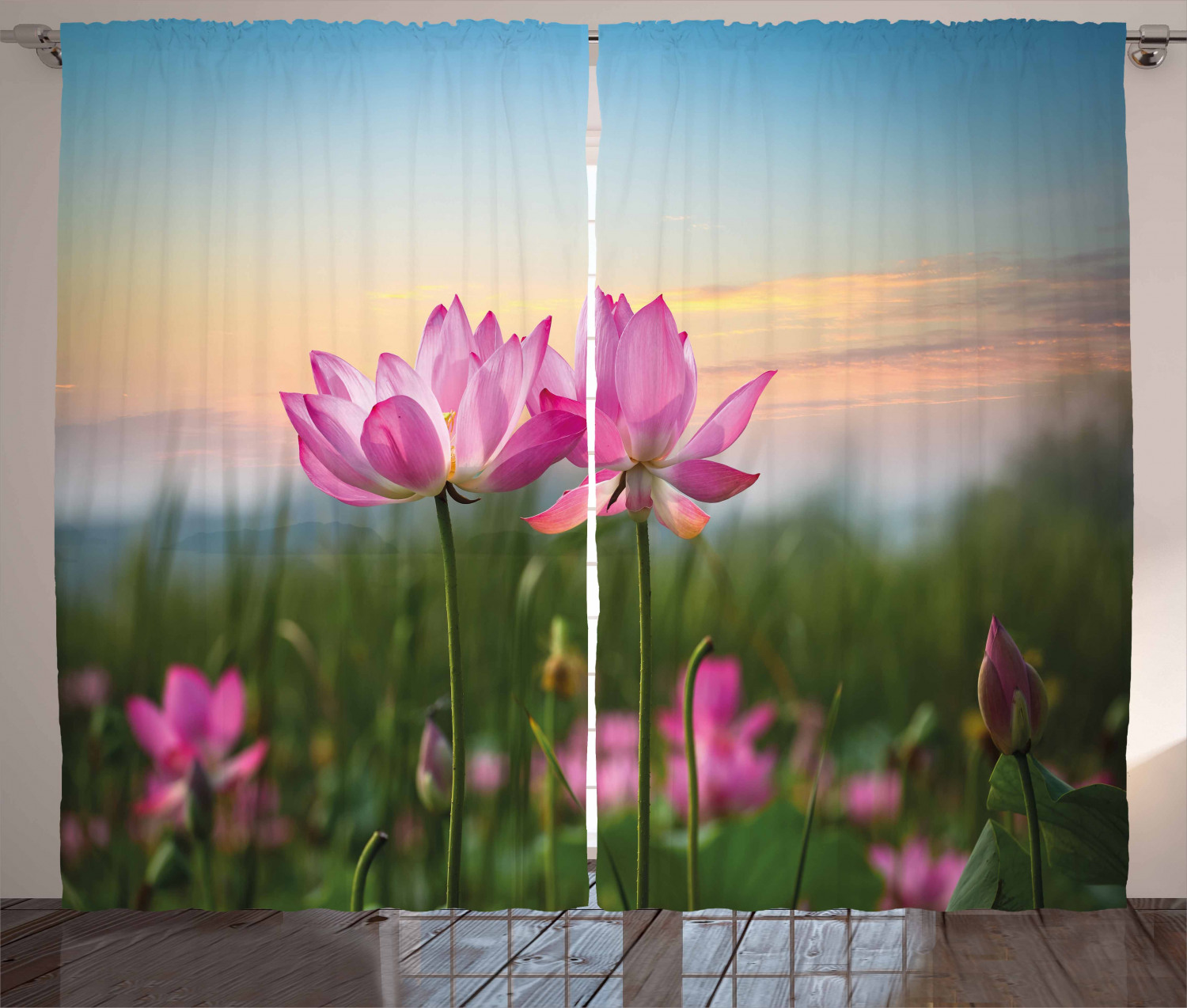 Ambesonne Lotus Curtains 2 Panel Set, Blooms Garden, 108" x 96", Pale ...