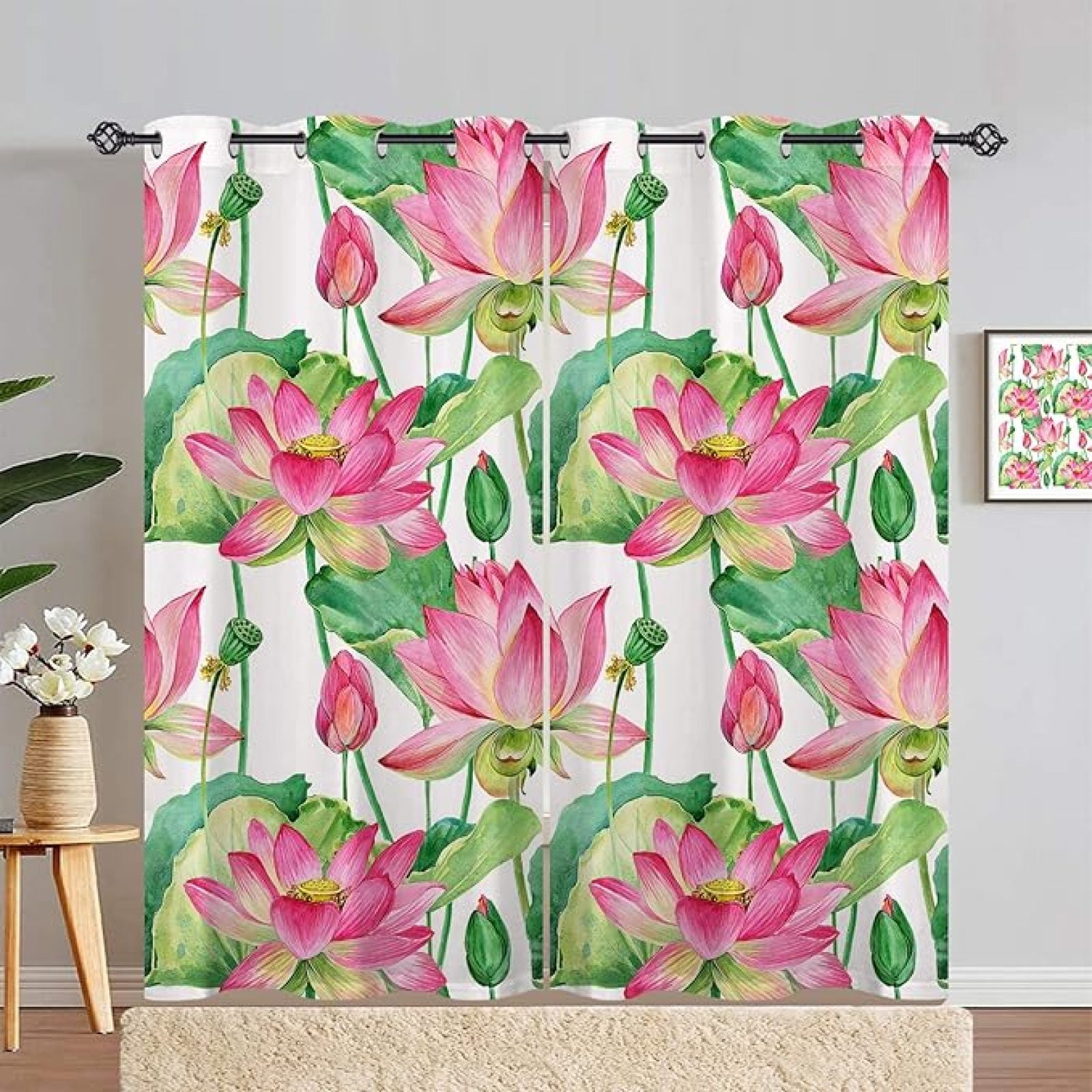 Lotus Curtains Grommet Window Drapes With Watercolor Botanical Floral ...