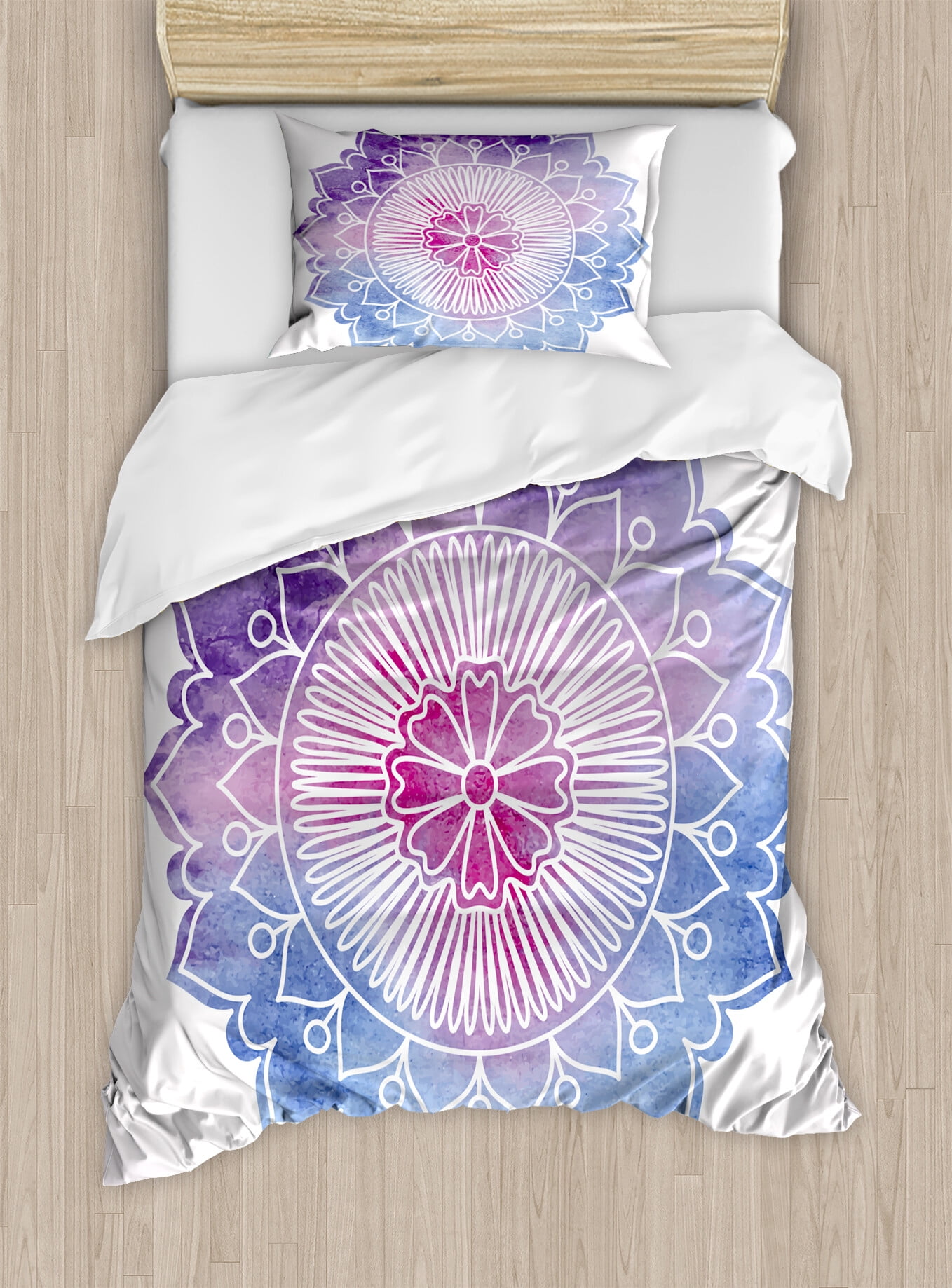 Lotus Duvet Cover Set, Doodle Style Watercolor Flower Bloom Secret ...
