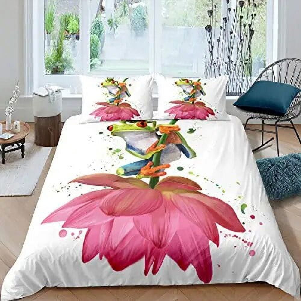 Lotus Duvet Cover Set Pink Flowers and Green Leaves Polyester Comforter ...