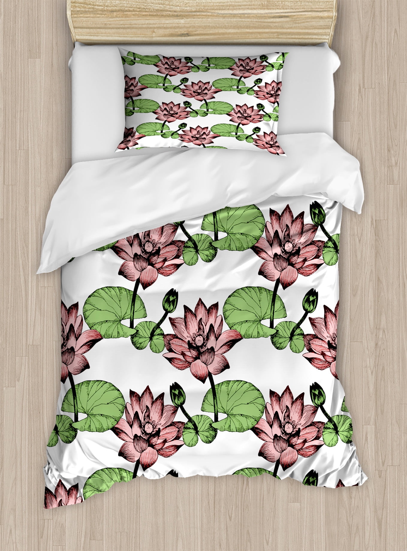 Lotus Duvet Cover Set, Water Flower Endemic Aquatic Element on a Plain ...