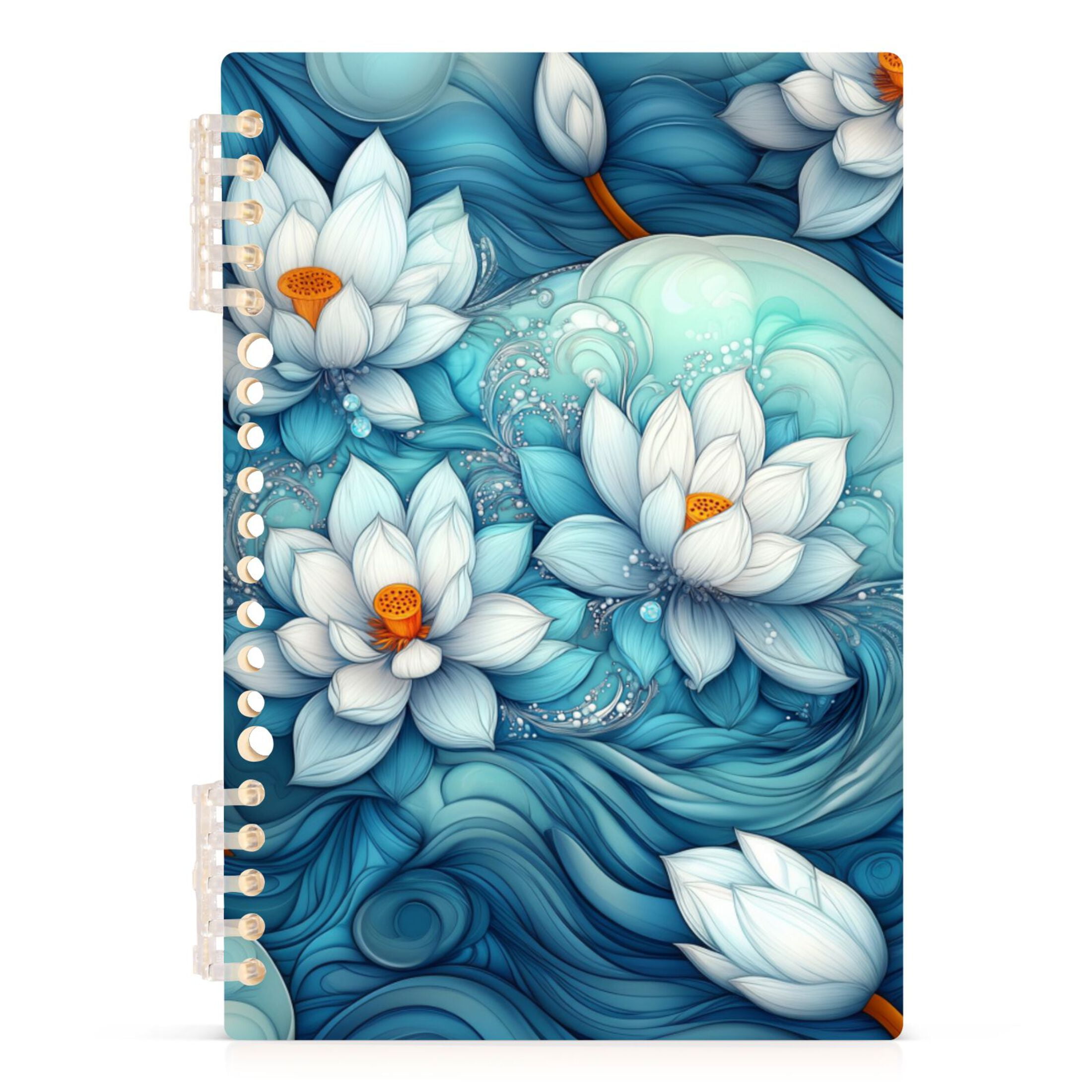 Lotus Floating on Swirls and Waves Lined Spiral Journal Notebook 60 ...