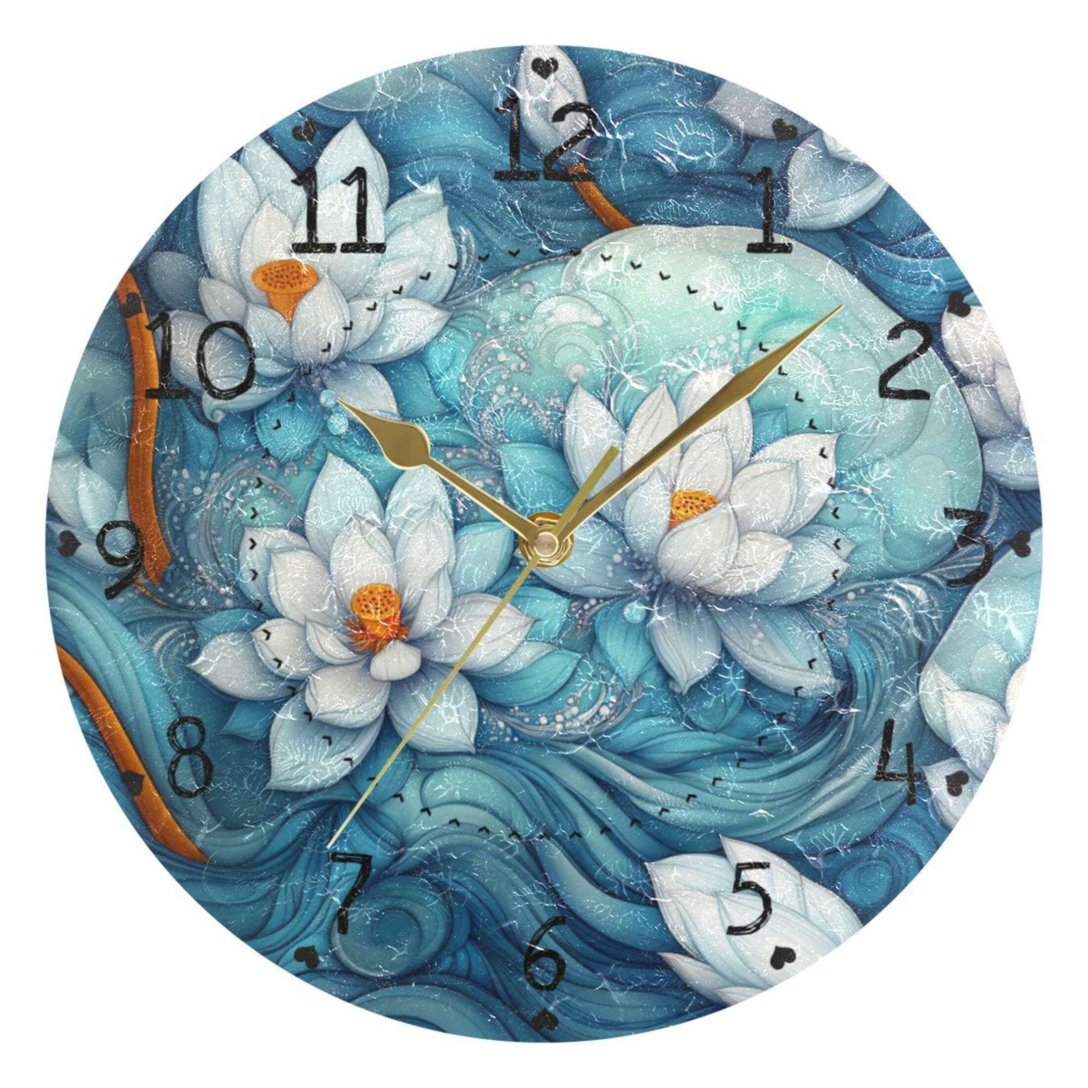 Lotus Floating on Swirls and Waves Round Wall Clock Silent Battery ...